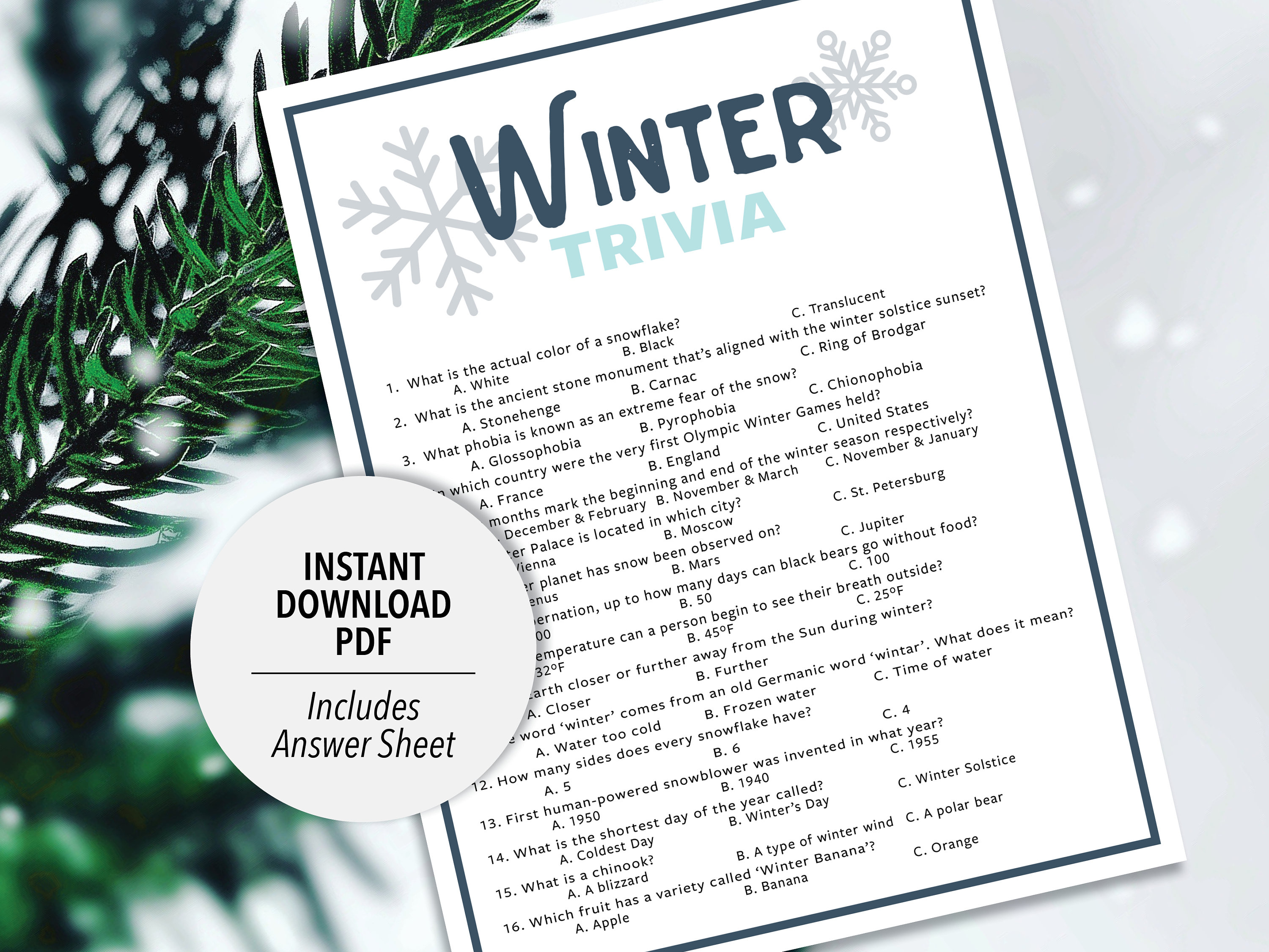 Winter Trivia | Printable Winter Trivia Activity Game | Holiday Trivia ...