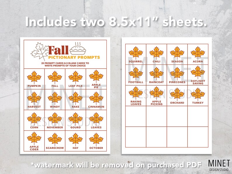 Fall Pictionary Prompts | Autumn Printable Game | Fall Theme Pictionary ...