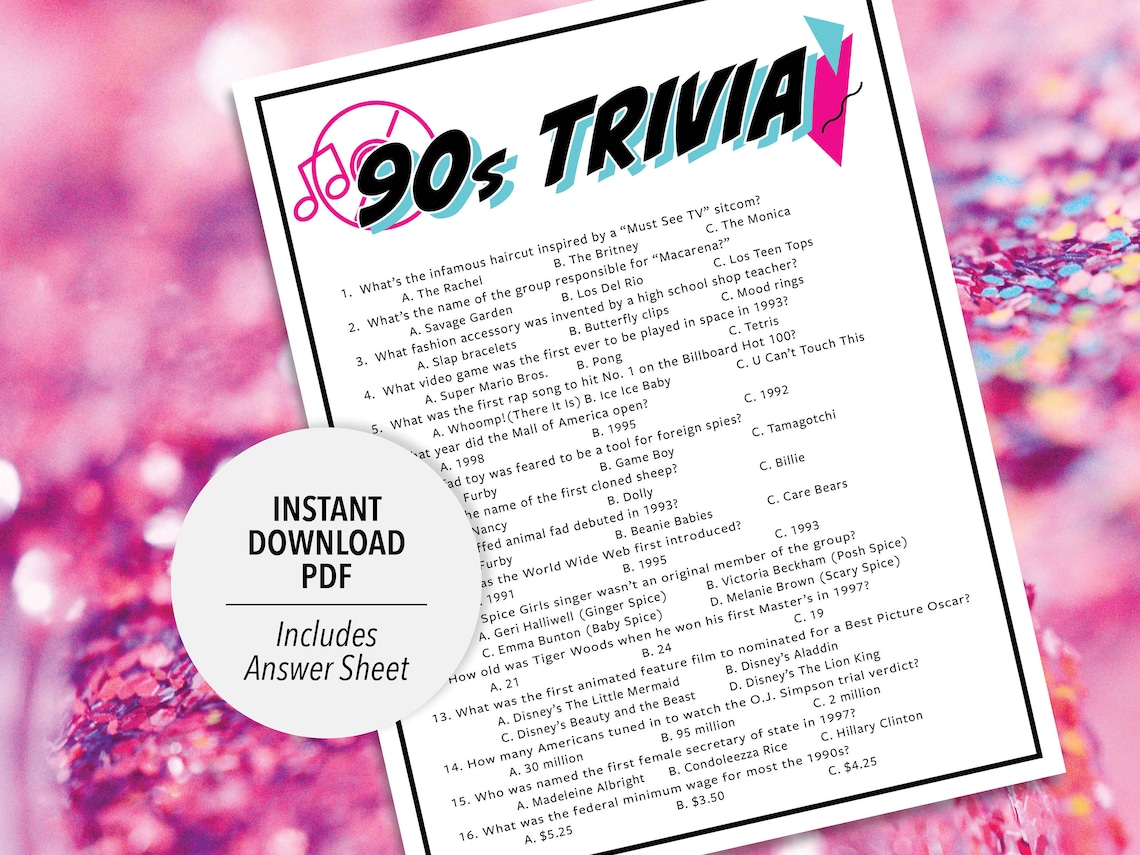 1990s Trivia Game | 90s Quiz (printable PDF Download) - Etsy