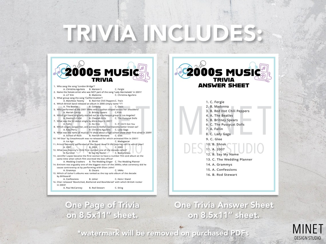 2000s Music Trivia | 2000s Music Trivia Game | Printable Music Trivia ...