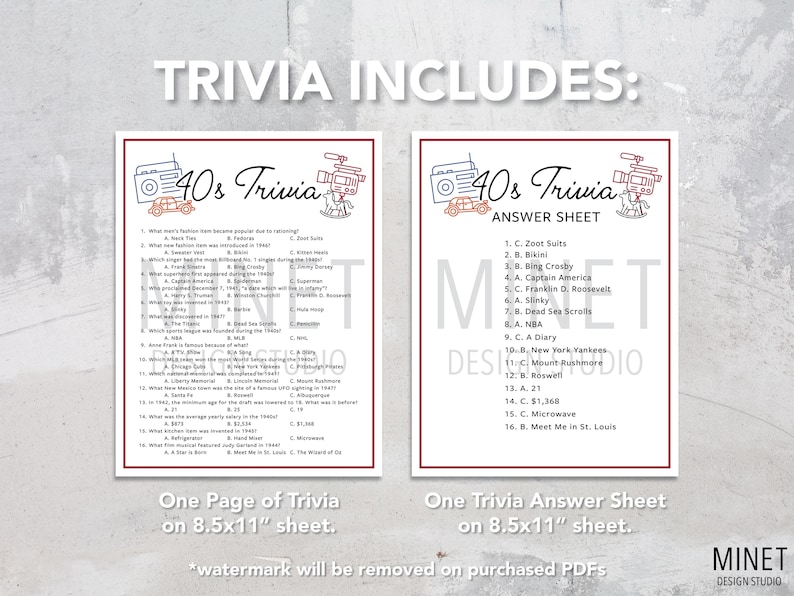 40s Trivia | 1940s Trivia Game | Printable 40s Trivia | 40's Party ...