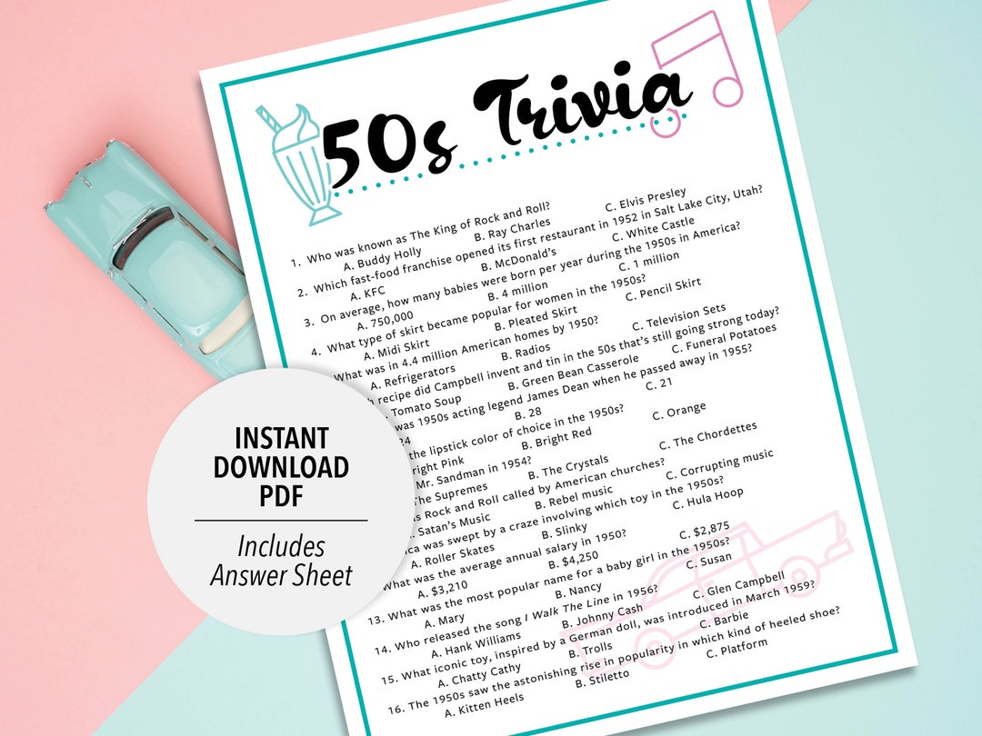 1950s Trivia Game | 50s Quiz (printable PDF Download) - Etsy
