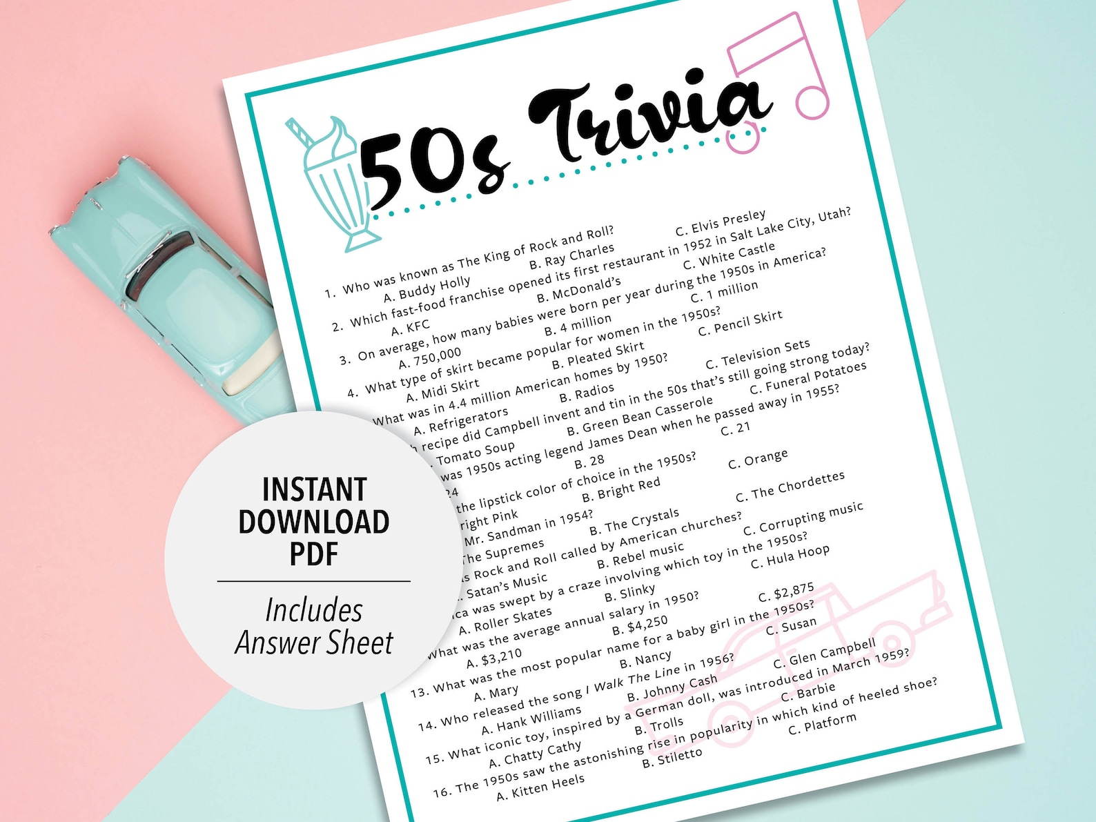 50s Trivia | 1950s Trivia Game | Printable 50s Trivia | 50's Party ...