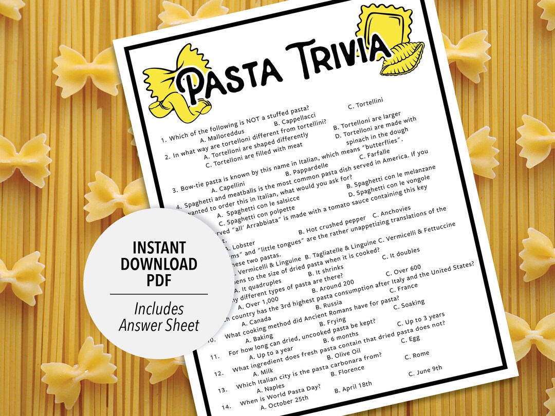 Pasta Trivia | Pasta Trivia Game | Printable Pasta Trivia | Pasta Party ...