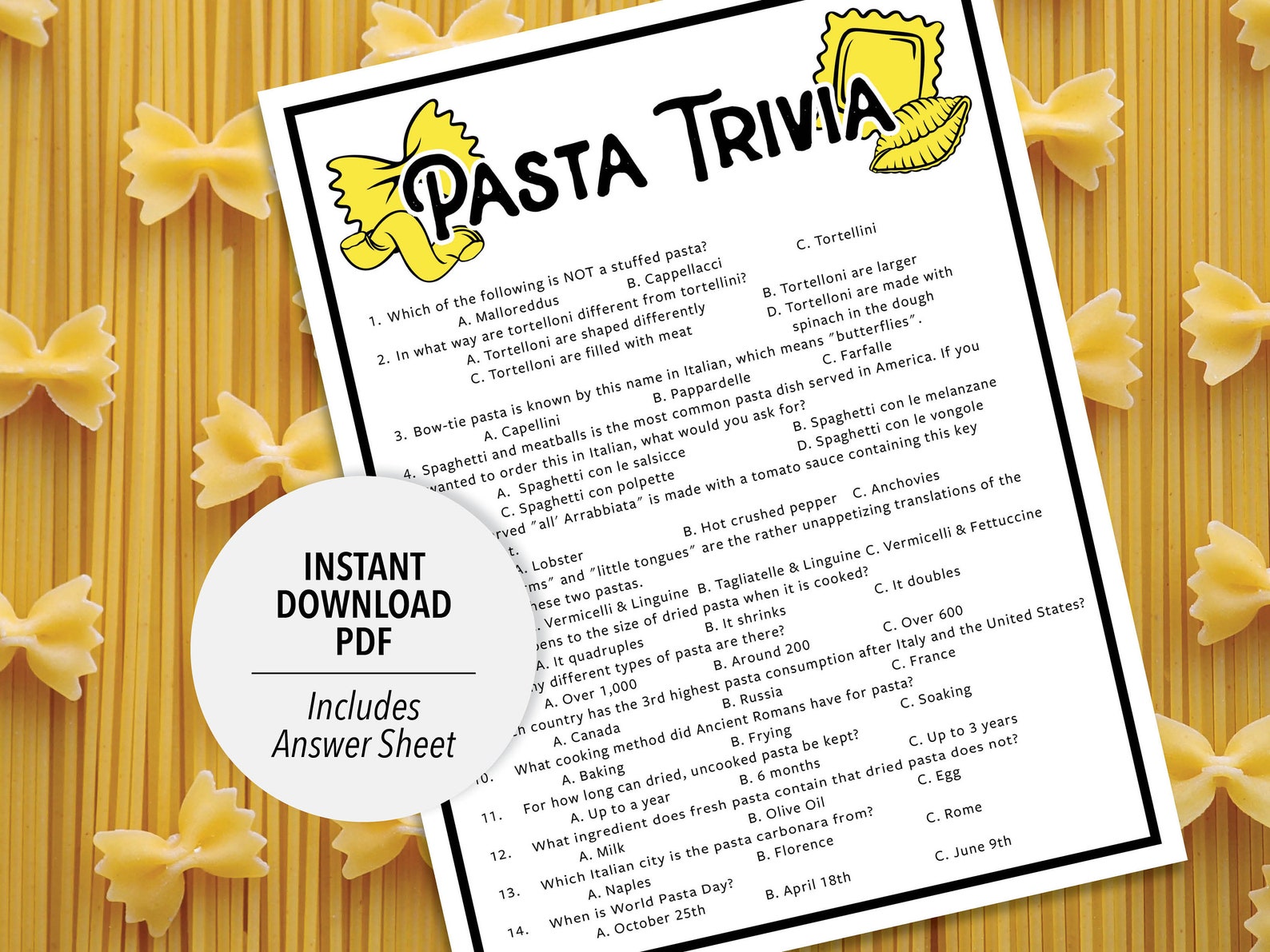Pasta Trivia | Pasta Trivia Game | Printable Pasta Trivia | Pasta Party ...