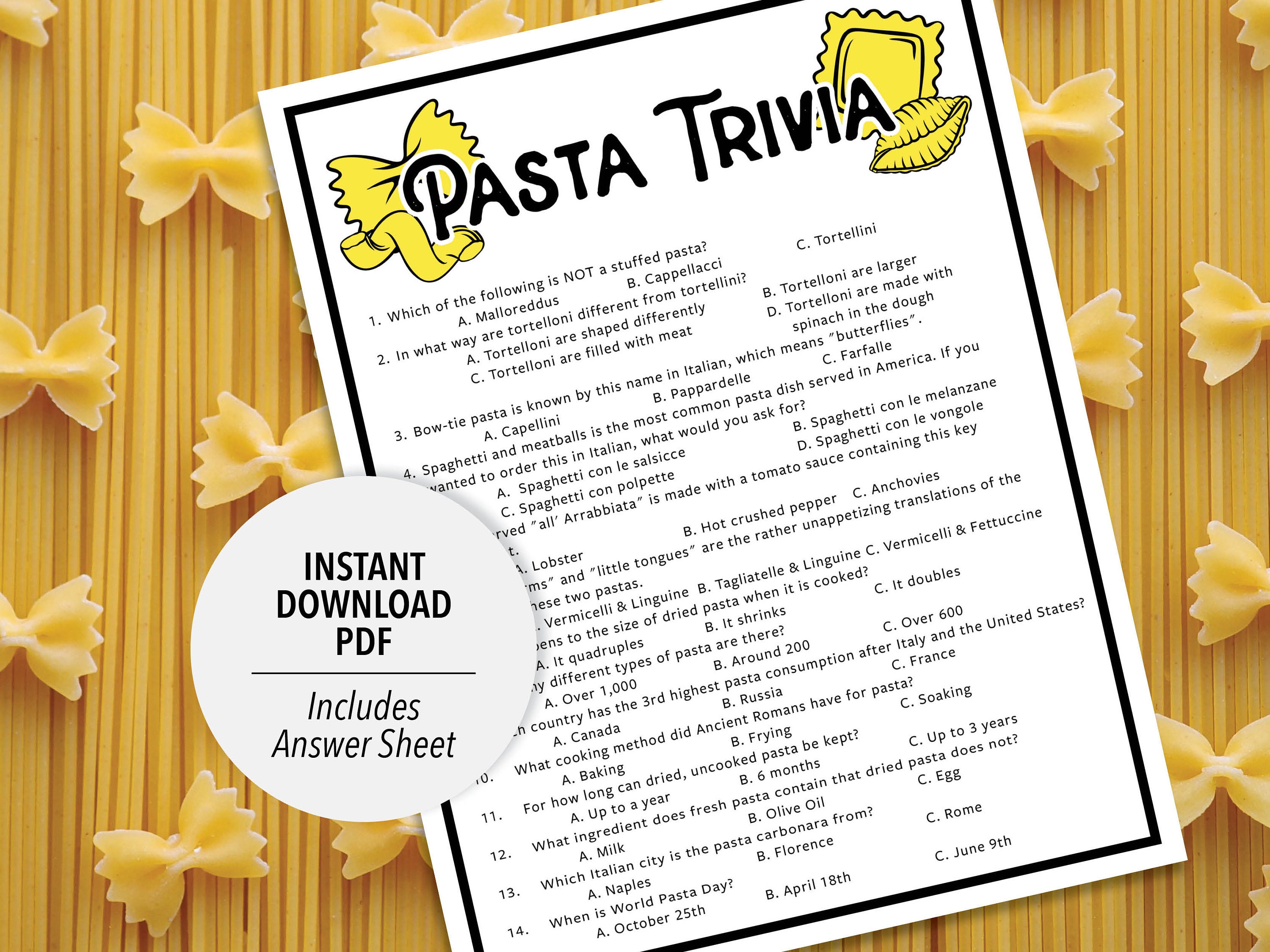 Pasta Trivia | Pasta Trivia Game | Printable Pasta Trivia | Pasta Party ...