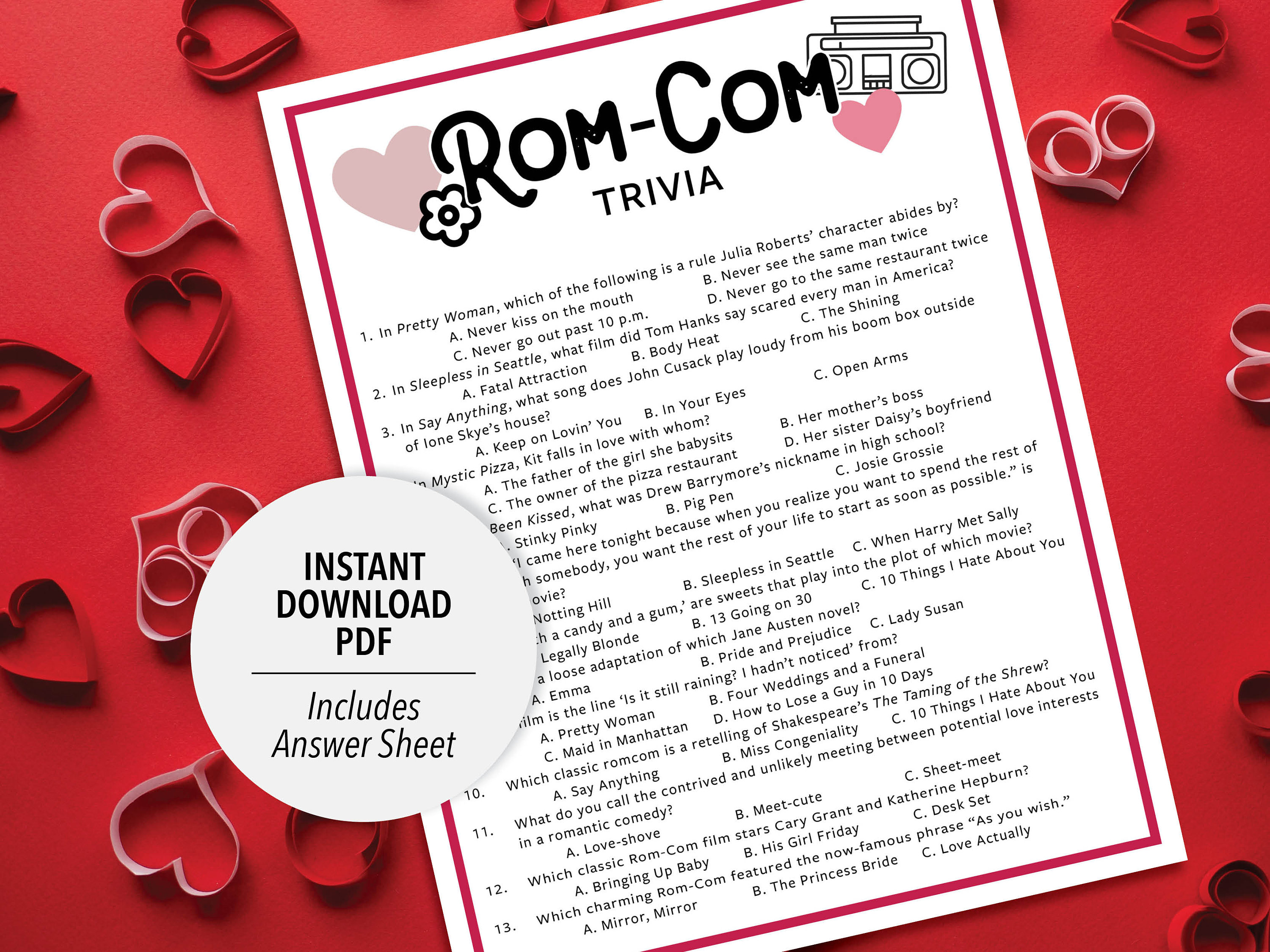 Rom-com Trivia | Rom Com Trivia Game | Printable Romantic Comedy Trivia ...
