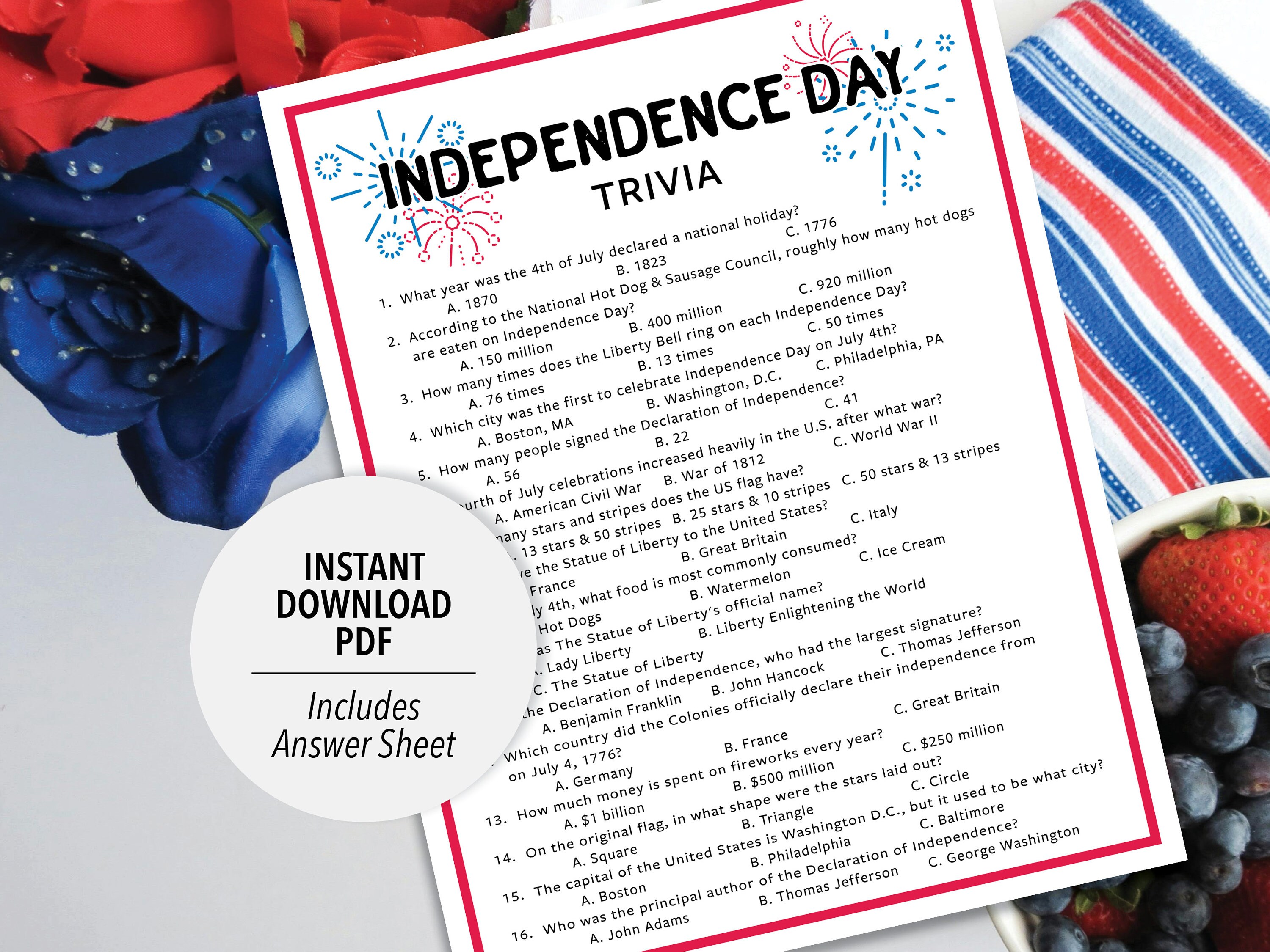 Independence Day Trivia | Fourth of July Trivia | Printable July 4th ...