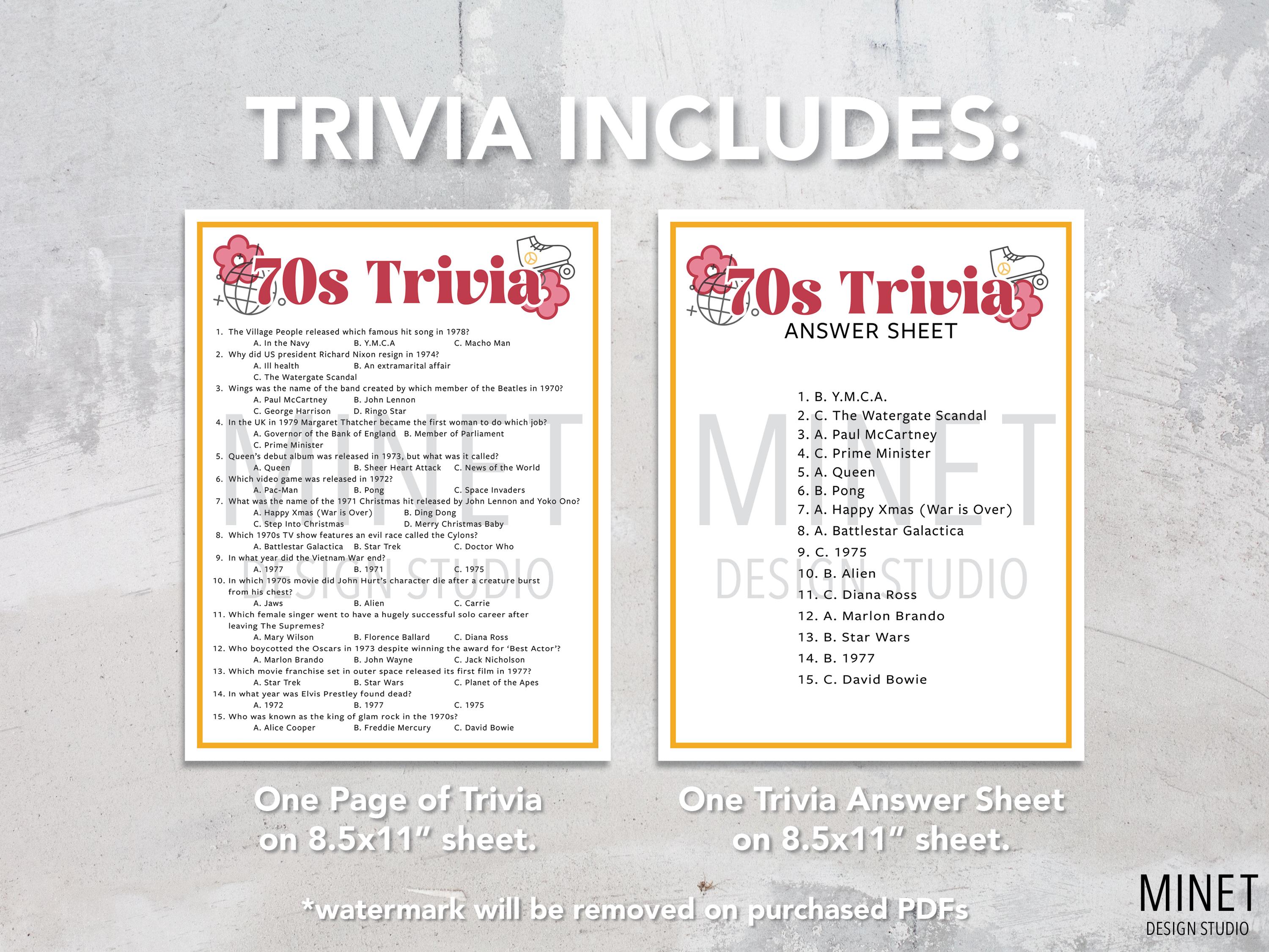 1970s Trivia Game | 70s Quiz (printable PDF Download) - Etsy