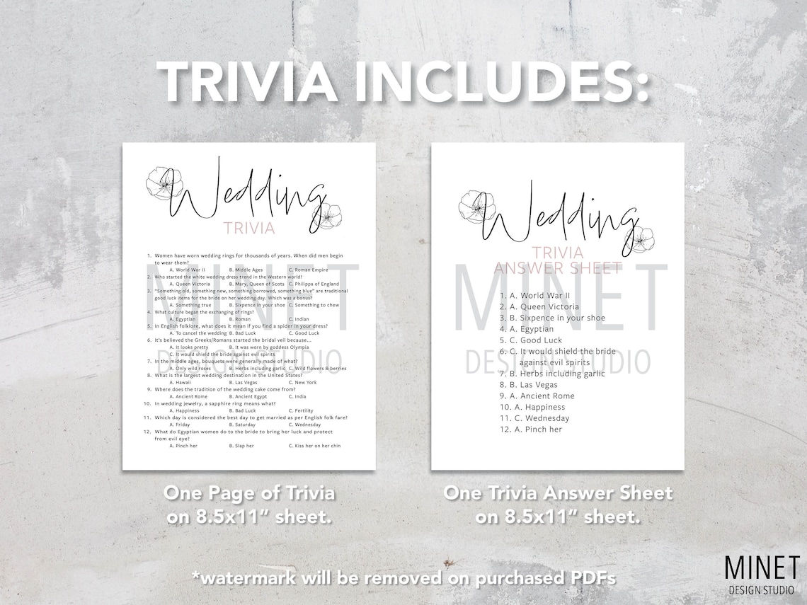 Wedding Trivia Quiz Game Printable Wedding Trivia Bridal Shower Game ...