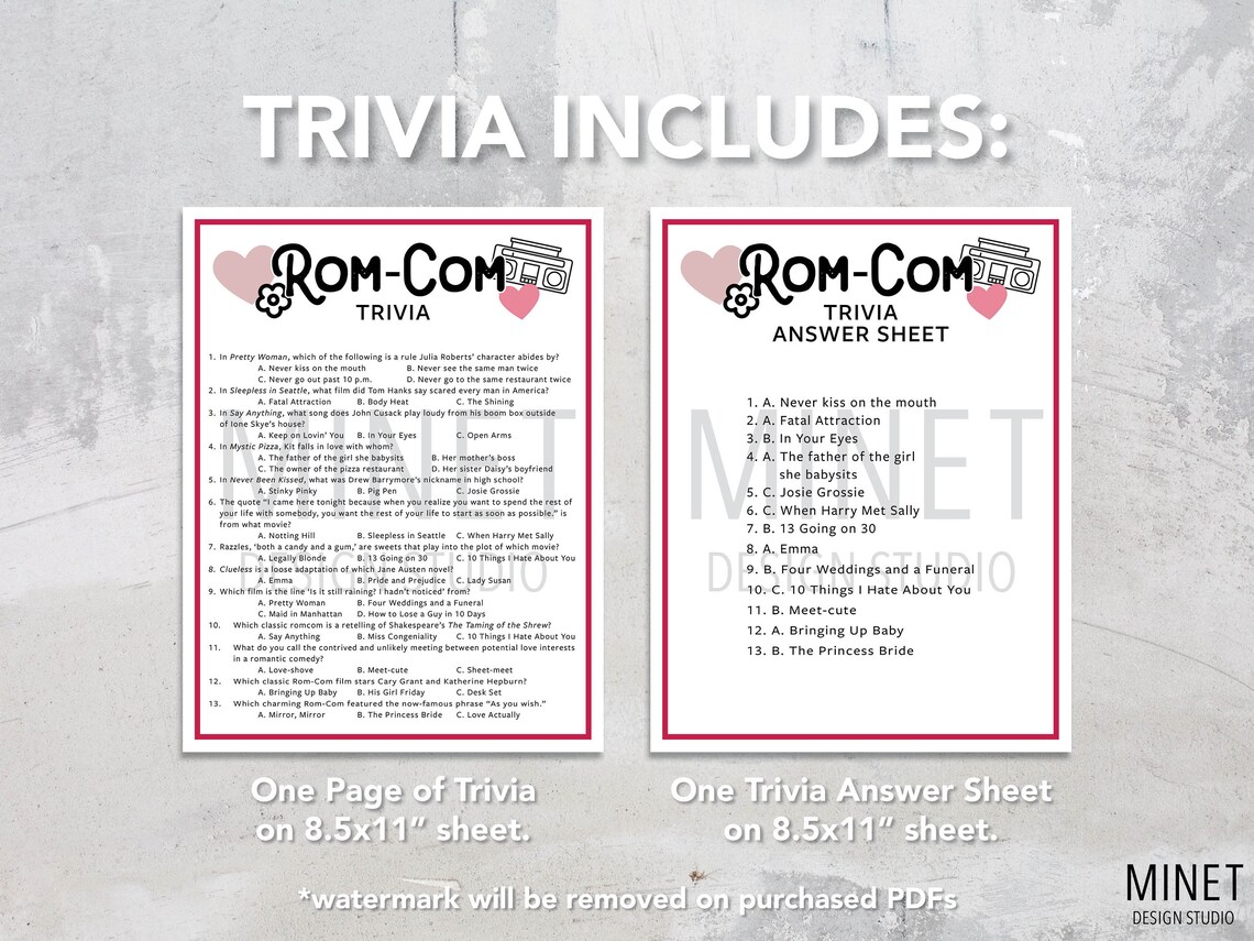 Rom-com Trivia | Rom Com Trivia Game | Printable Romantic Comedy Trivia ...