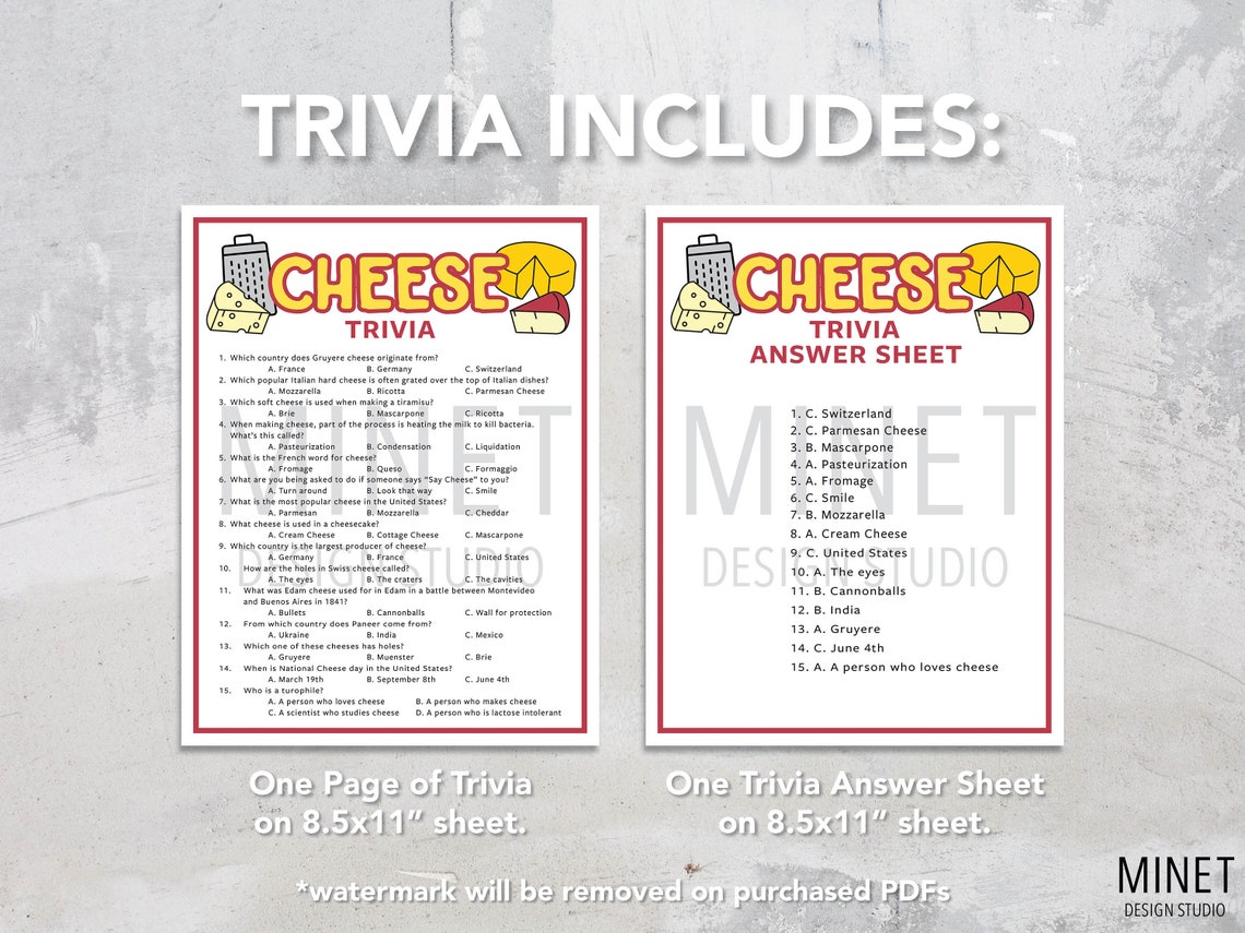 Cheese Trivia Game | Cheese Quiz (printable PDF Download) - Etsy