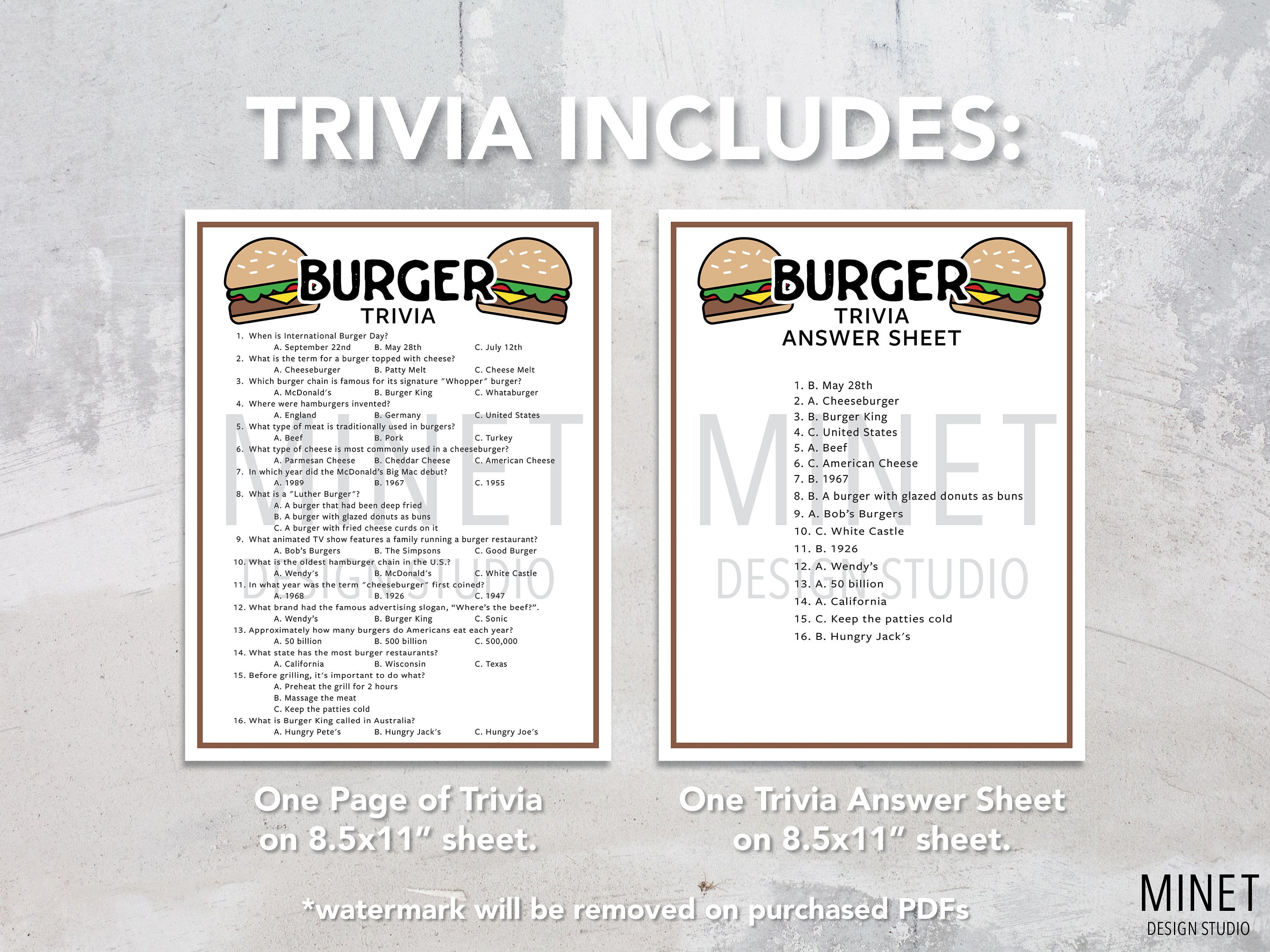 Burger Trivia | Hamburger Trivia Game | Printable Burger Trivia ...