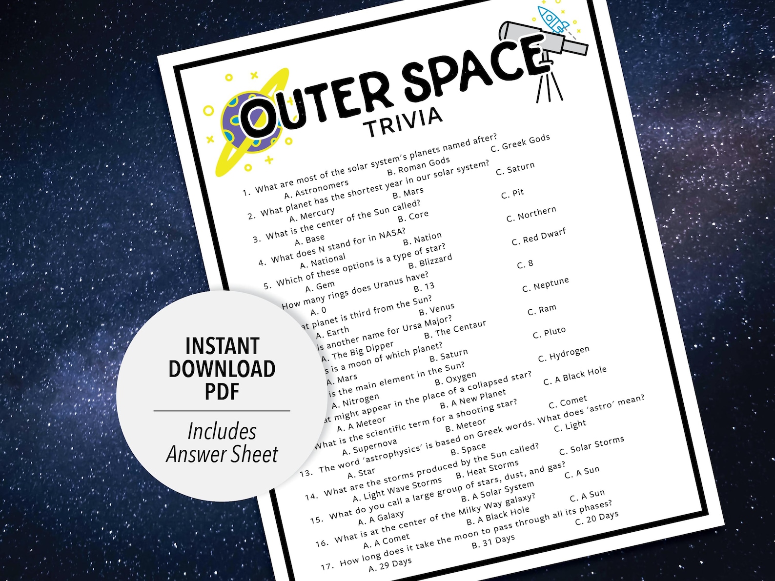 Outer Space Trivia | Space Trivia Game | Printable Space Trivia | Outer ...