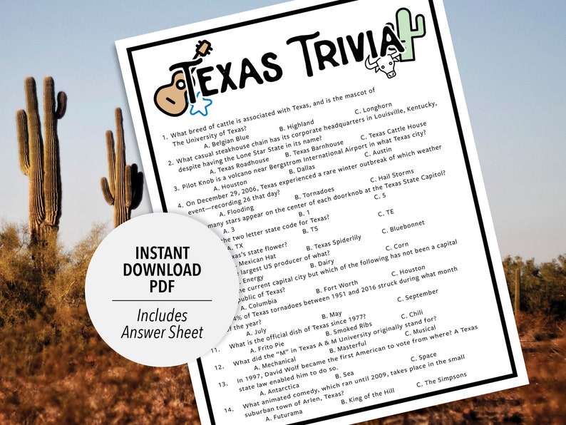 Texas Trivia | Texas Trivia Game | Printable Texas Trivia | Texas Party ...