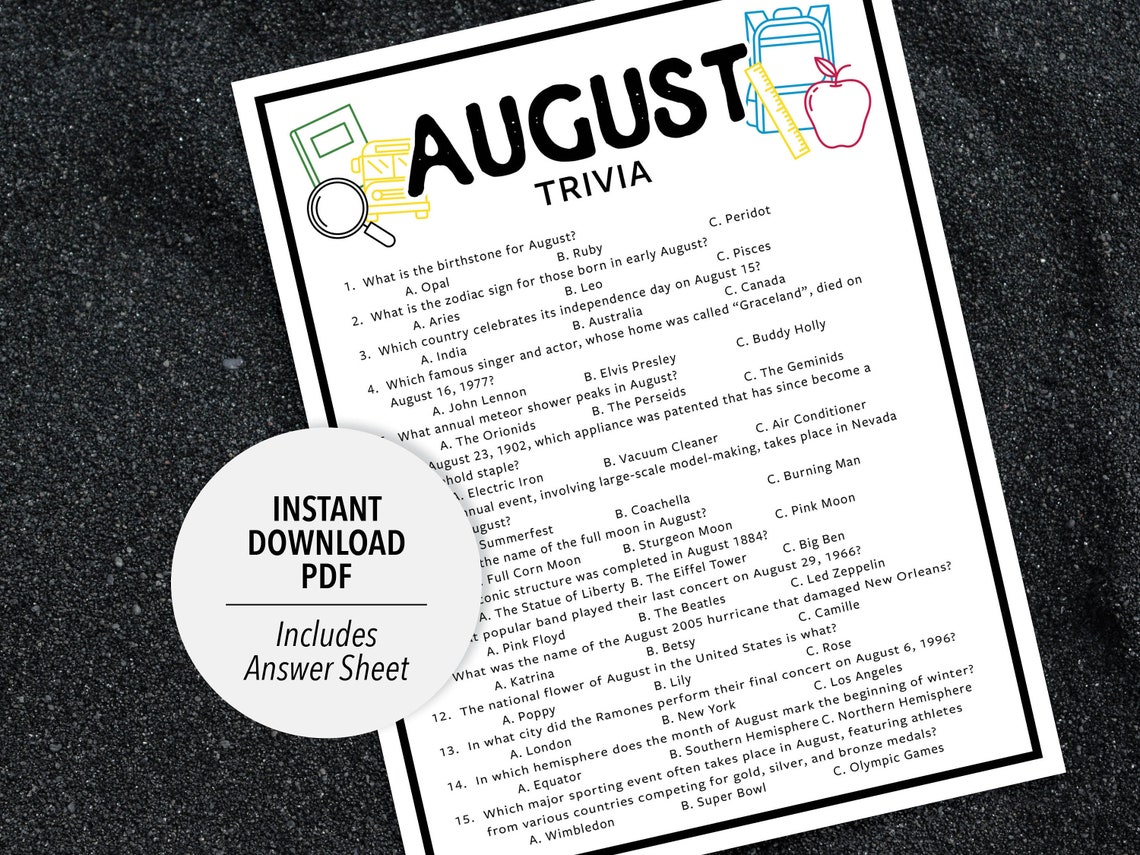 August Trivia | August Trivia Game | Printable August Trivia | Month ...