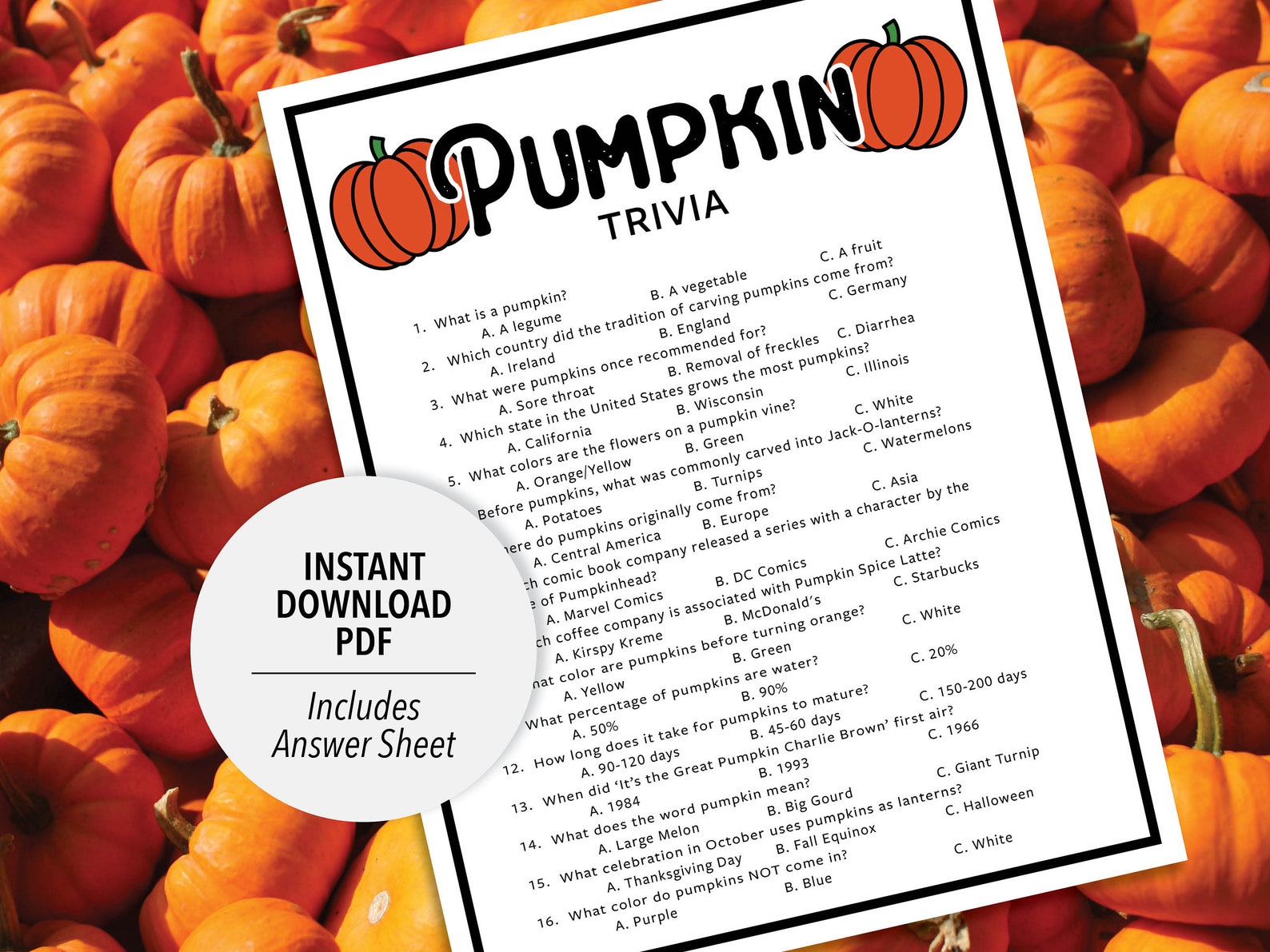 Pumpkin Trivia | Pumpkin Trivia Game | Printable Pumpkin Trivia | Fall ...