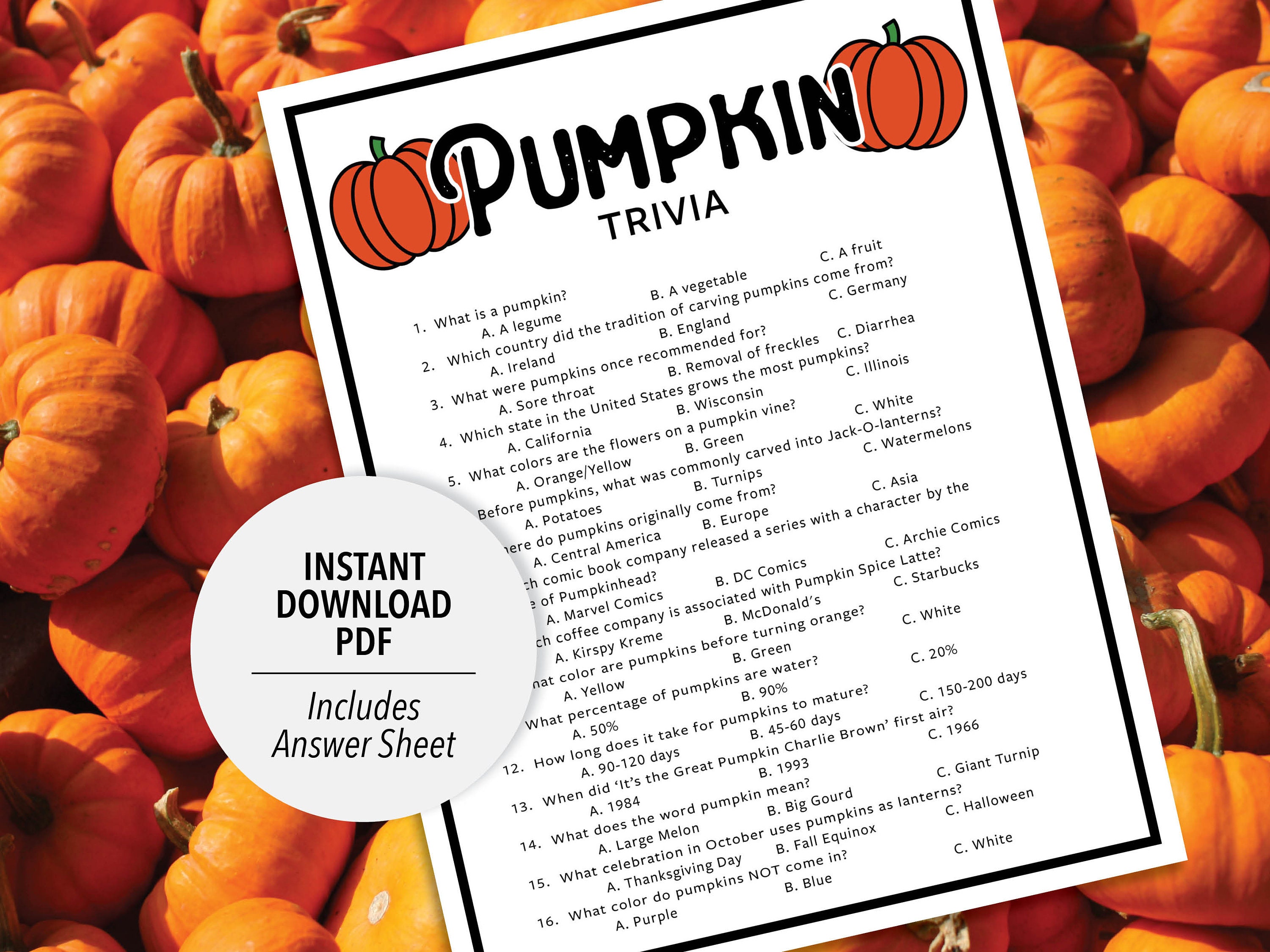 Pumpkin Trivia | Pumpkin Trivia Game | Printable Pumpkin Trivia | Fall ...