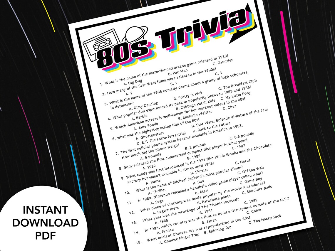 80s Trivia Printable 80s Trivia 80's Party Trivia Game - Etsy