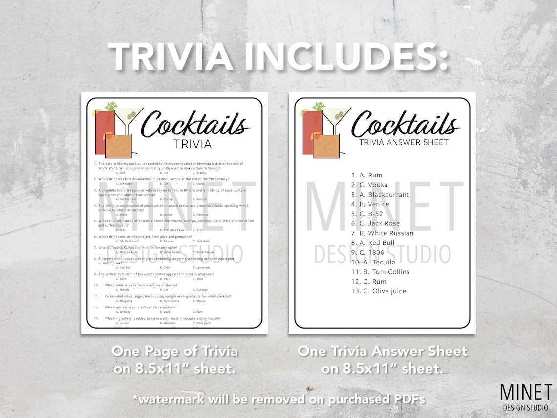 Cocktails Trivia | Cocktail Trivia Game | Printable Cocktails Trivia ...