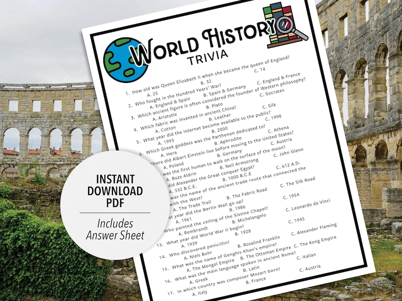 World History Trivia Game | Printable Trivia (PDF Download) - Etsy