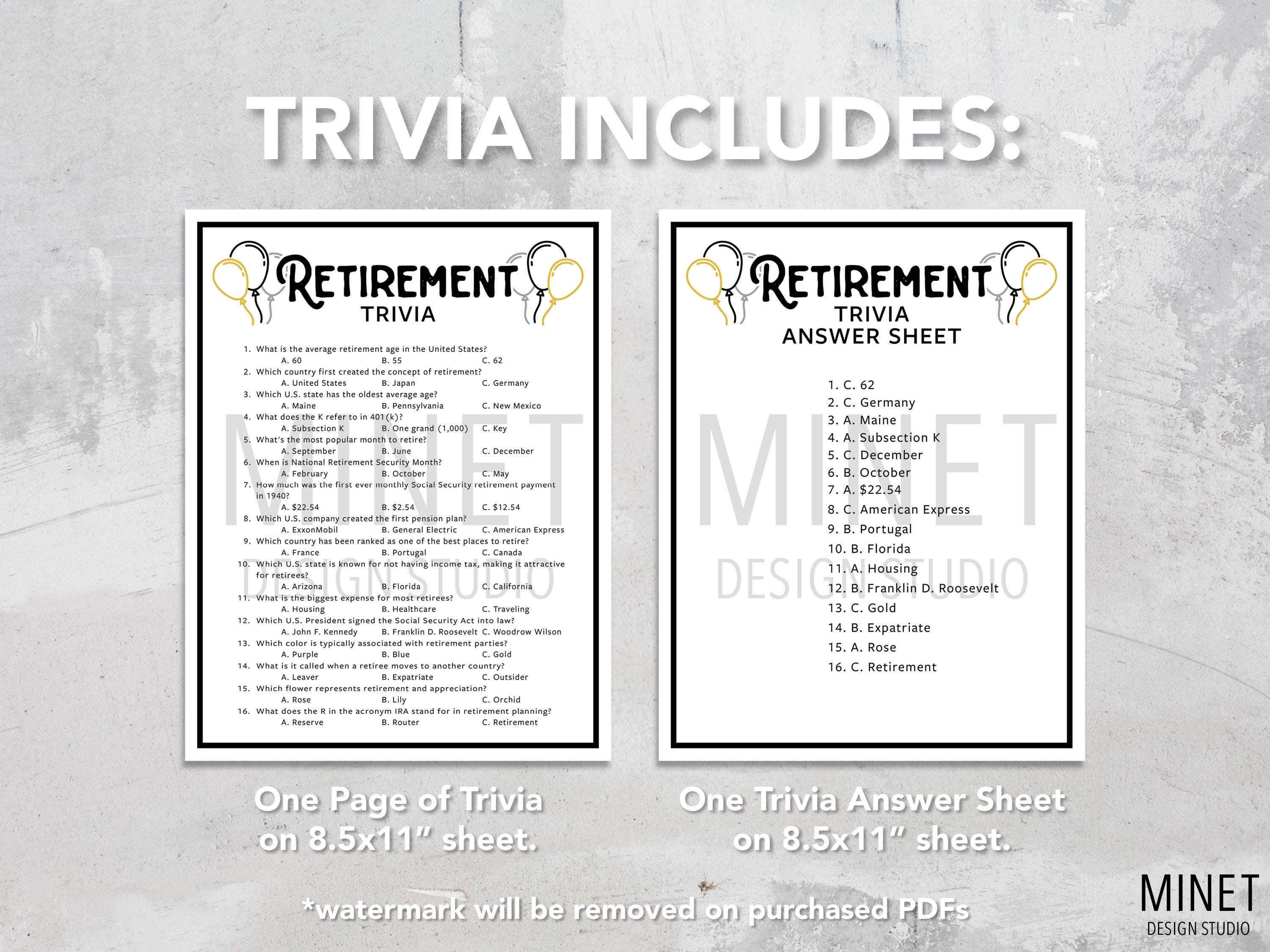 Retirement Trivia | Printable Retirement Trivia Activity Game | Office ...