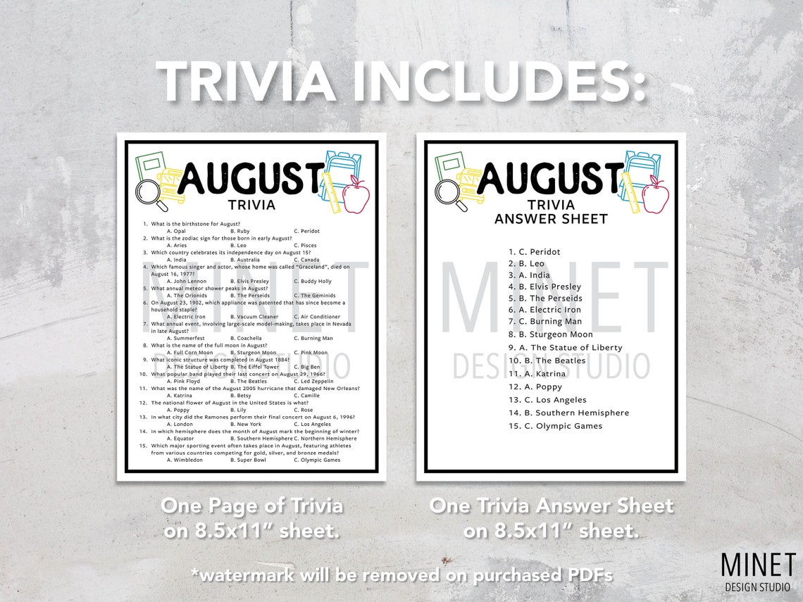 August Trivia | August Trivia Game | Printable August Trivia | Month ...