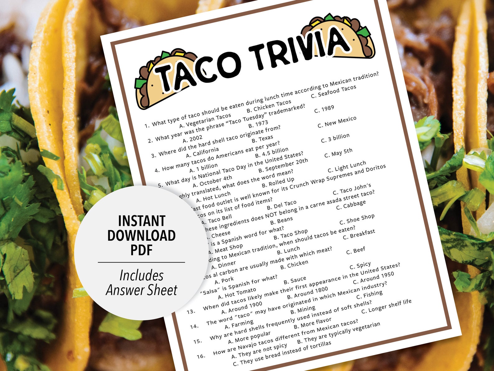 Taco Trivia | Taco Trivia Game | Printable Taco Trivia | Printable ...