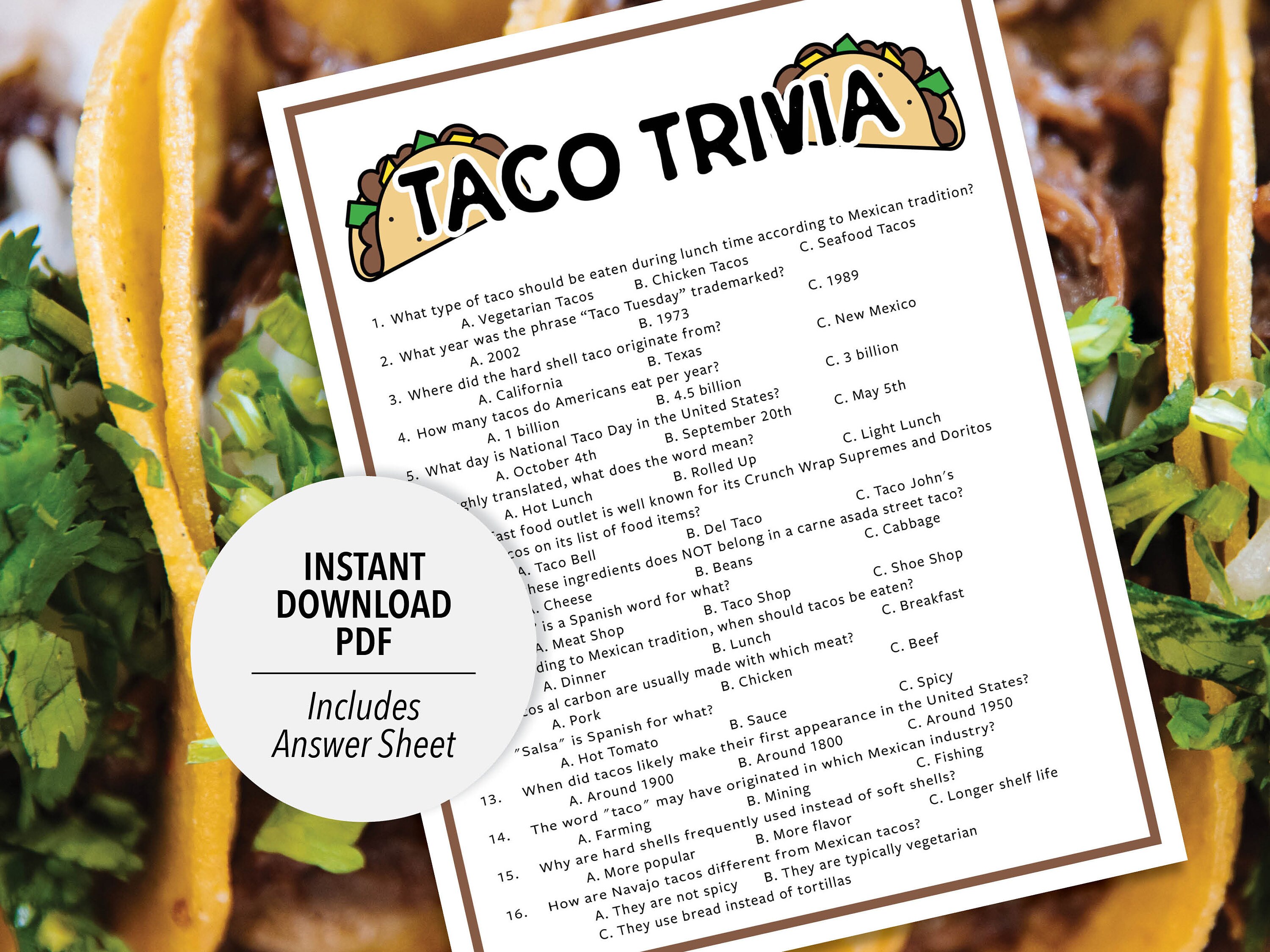 Taco Trivia | Taco Trivia Game | Printable Taco Trivia | Printable ...