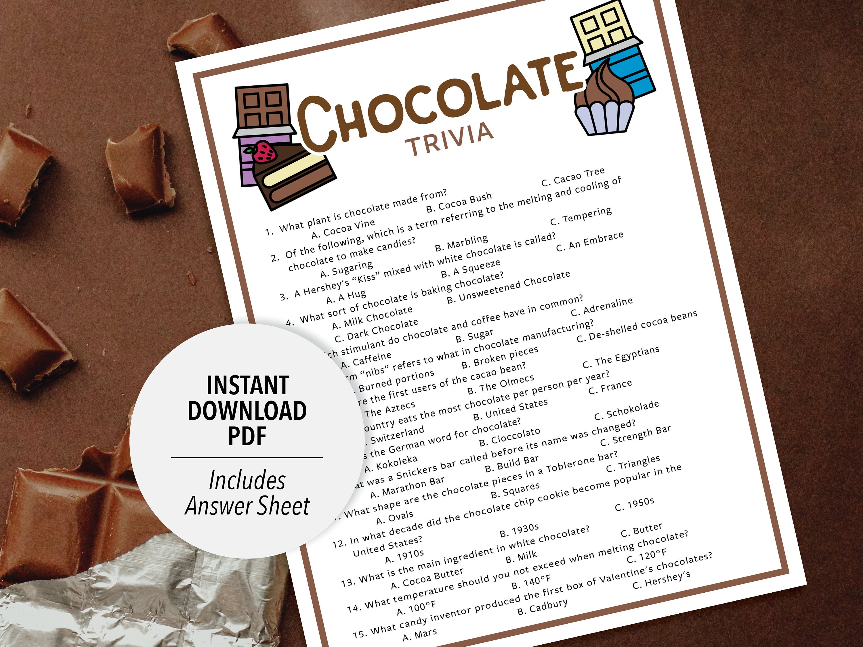 Chocolate Trivia | Chocolate Trivia Game | Printable Chocolate Trivia | Dessert Trivia Game ...