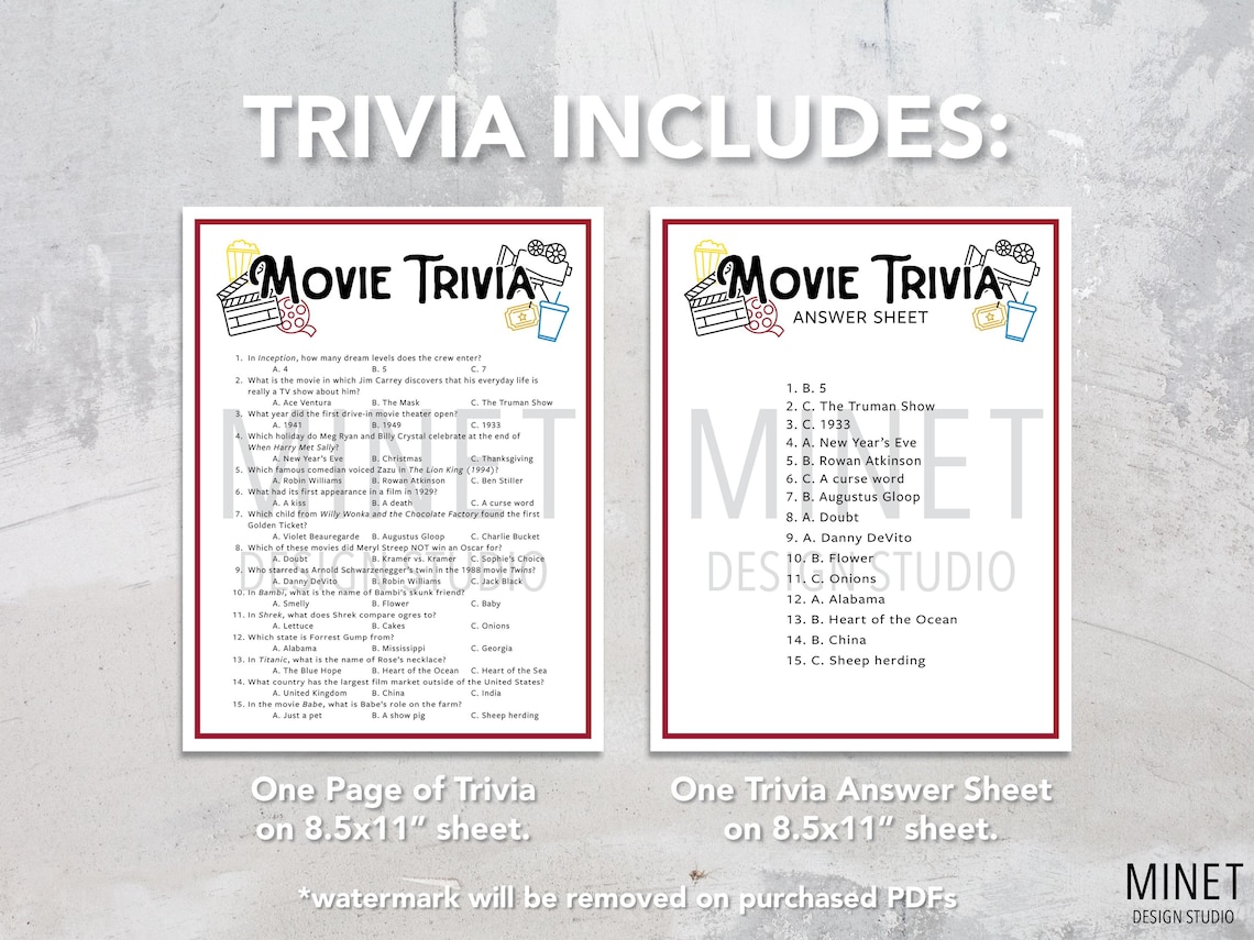 Movie Trivia Game | Movie Quiz (printable PDF Download) - Etsy