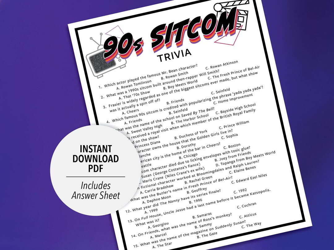 90s TV Sitcom Trivia Game | 1990s TV Sitcom Quiz (printable PDF ...
