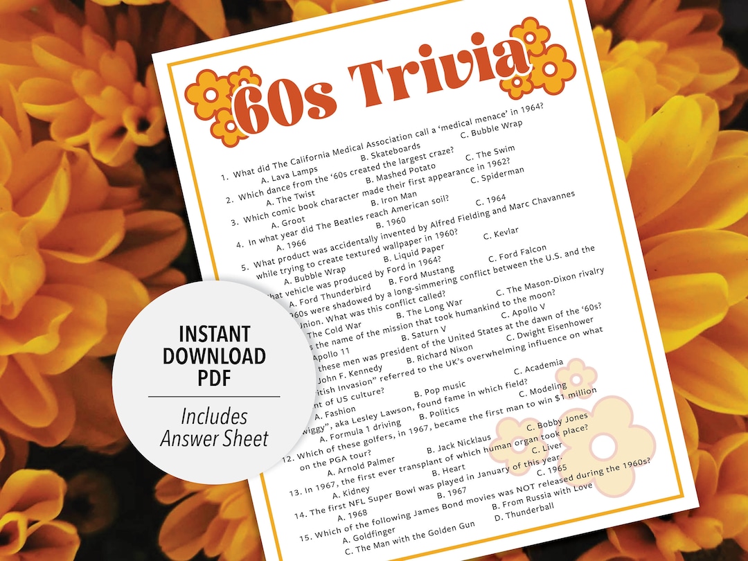 60s Trivia | 1960s Trivia Game | Printable 60s Trivia | 60's Party ...