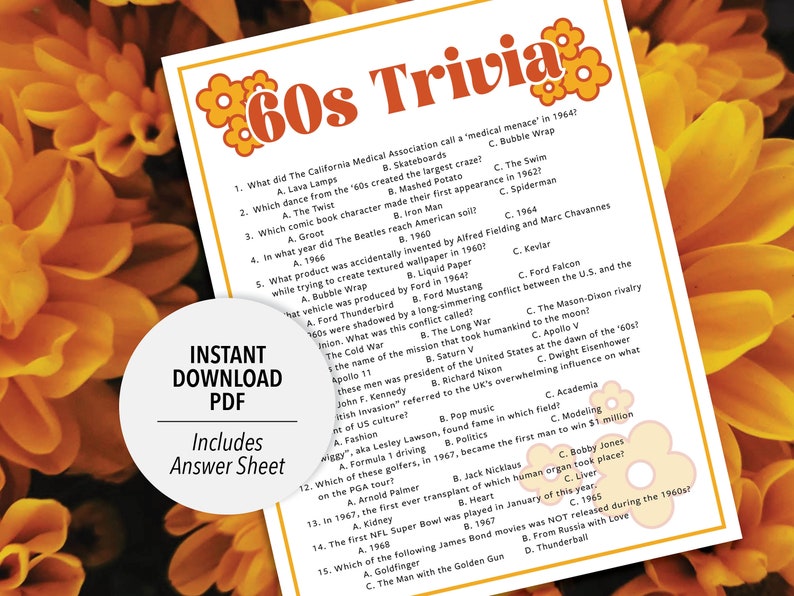 60s Trivia | 1960s Trivia Game | Printable 60s Trivia | 60's Party ...