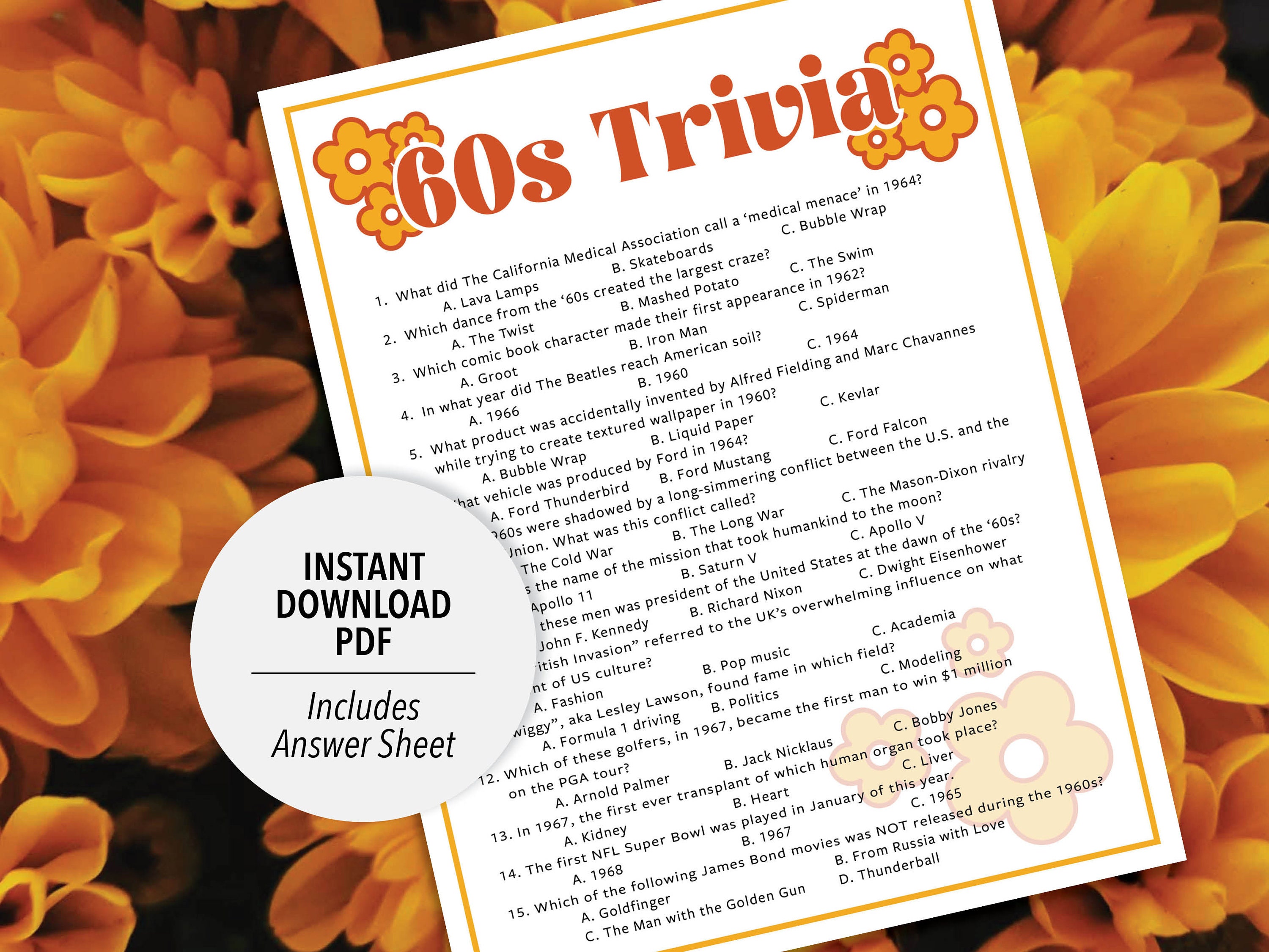 60s Trivia 1960s Trivia Game Printable 60s Trivia 60s Party