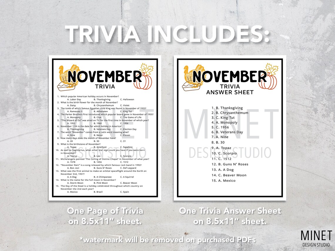 November Trivia | November Trivia Game | Printable November Trivia ...