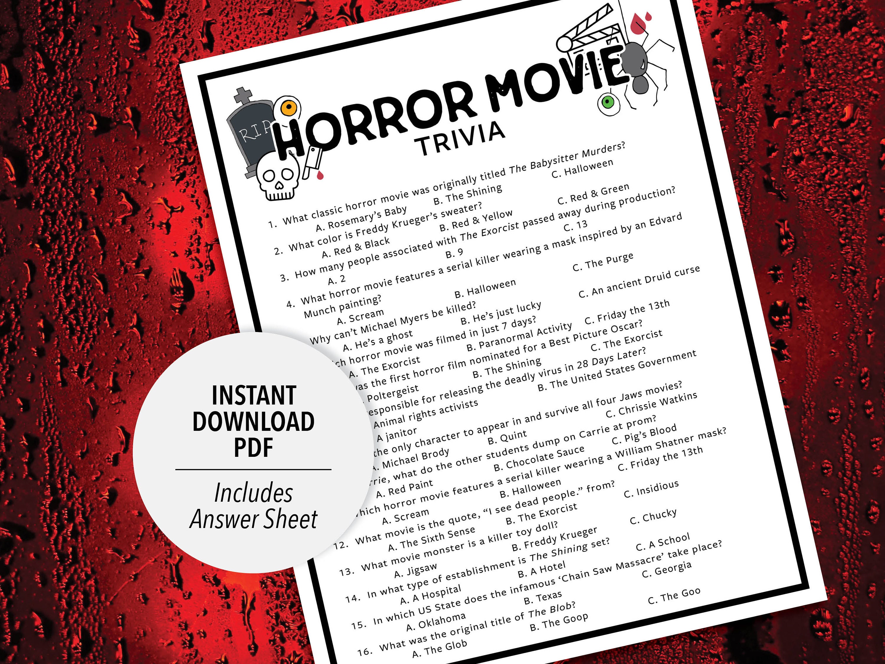 Horror Movie Trivia Game | Printable Horror Movie Quiz (PDF Download ...