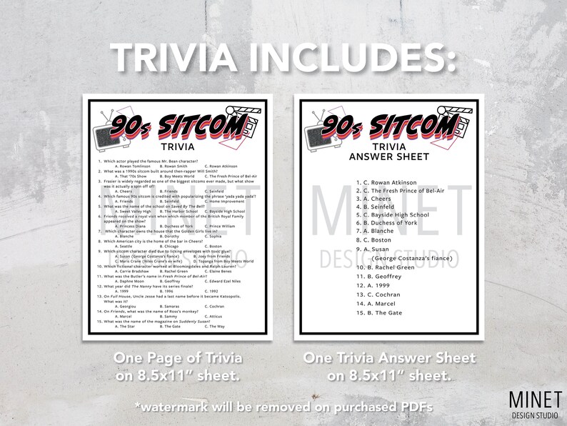 90s TV Sitcom Trivia Game | 1990s TV Sitcom Quiz (printable PDF ...