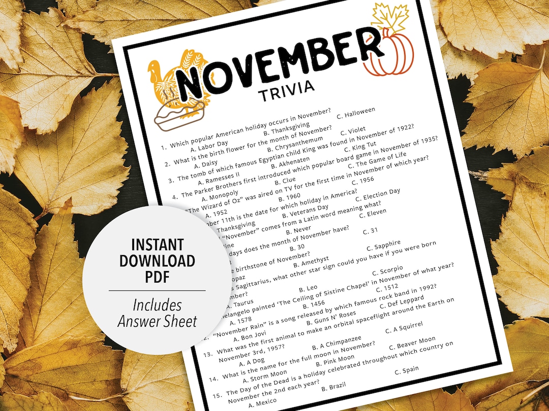 November Trivia | November Trivia Game | Printable November Trivia ...
