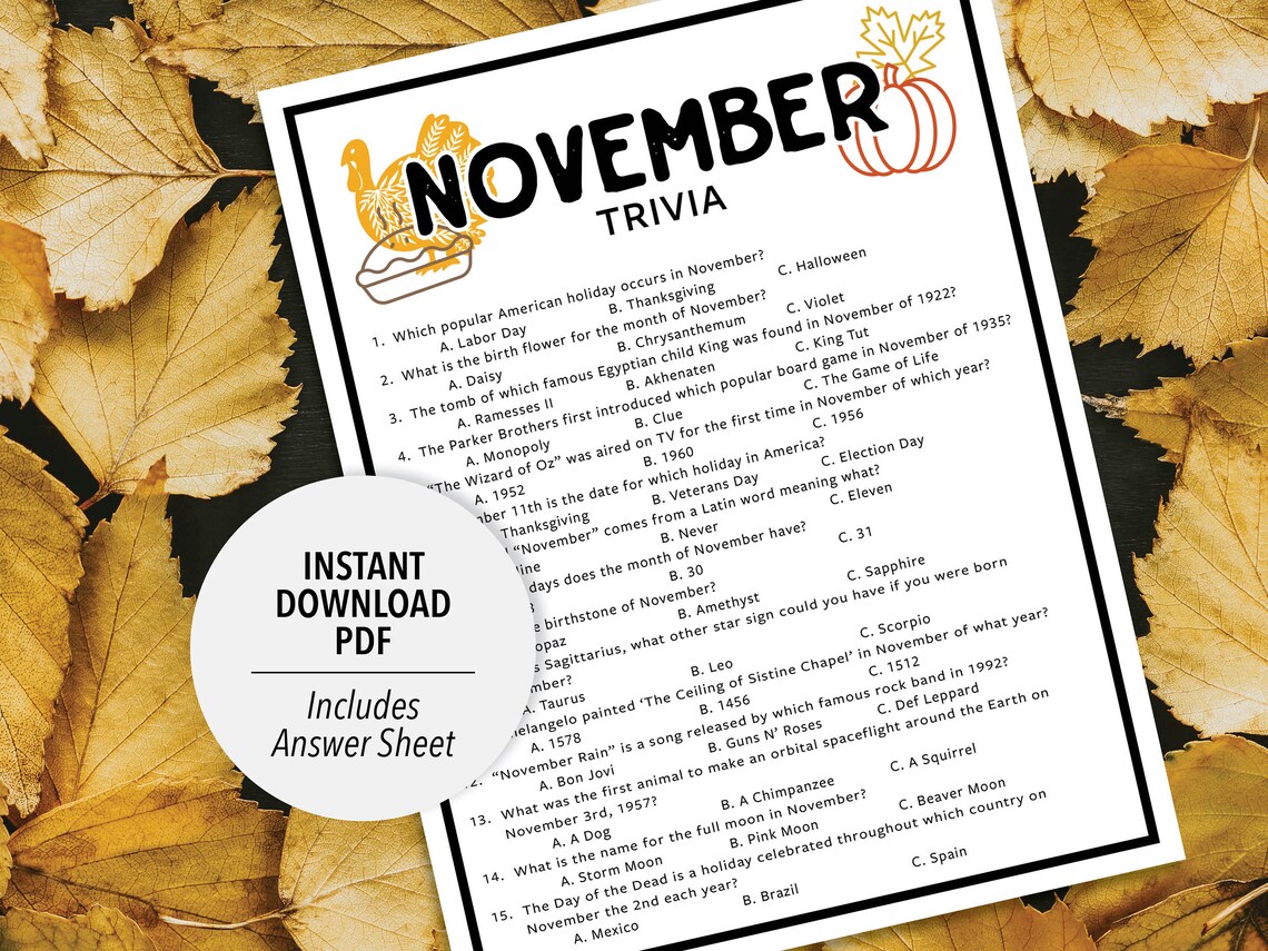 November Trivia | November Trivia Game | Printable November Trivia ...