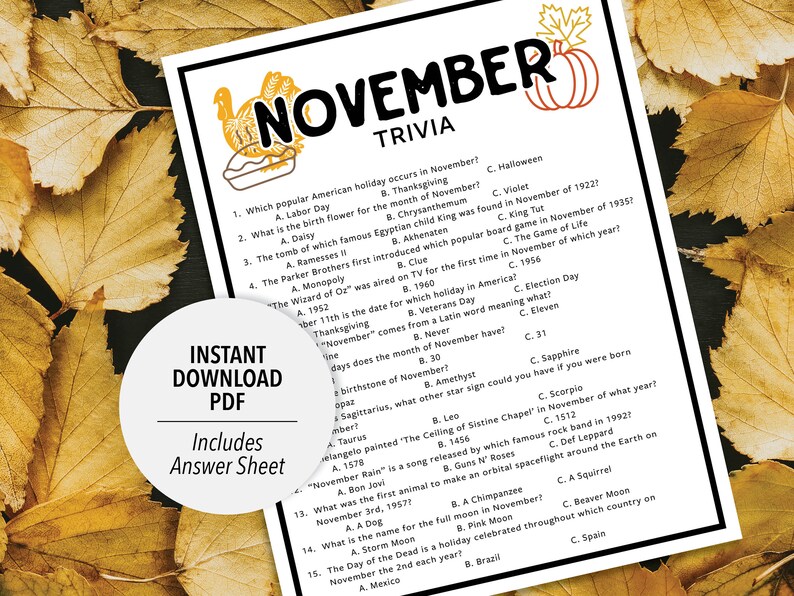 November Trivia | November Trivia Game | Printable November Trivia ...