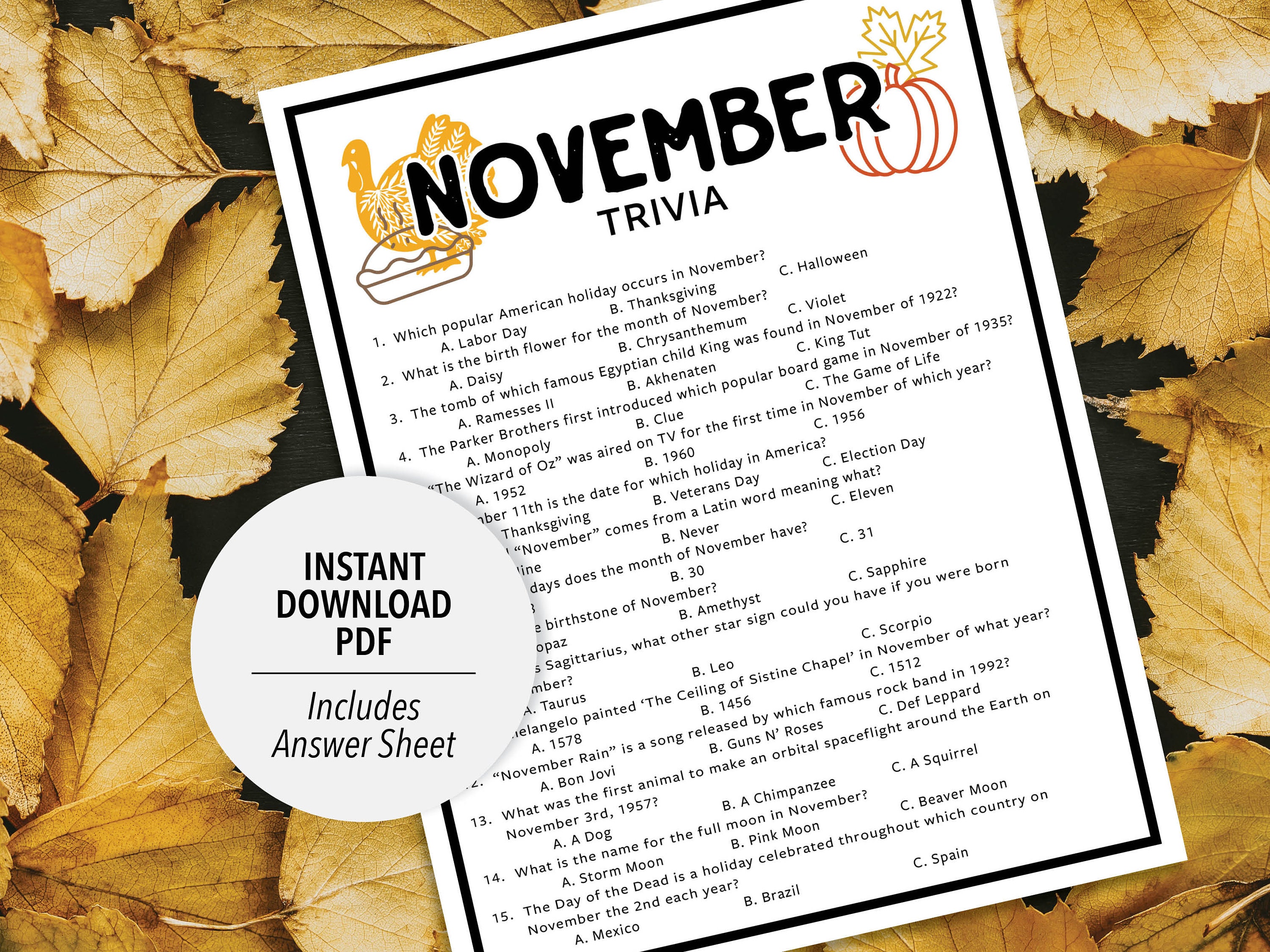November Trivia | November Trivia Game | Printable November Trivia ...