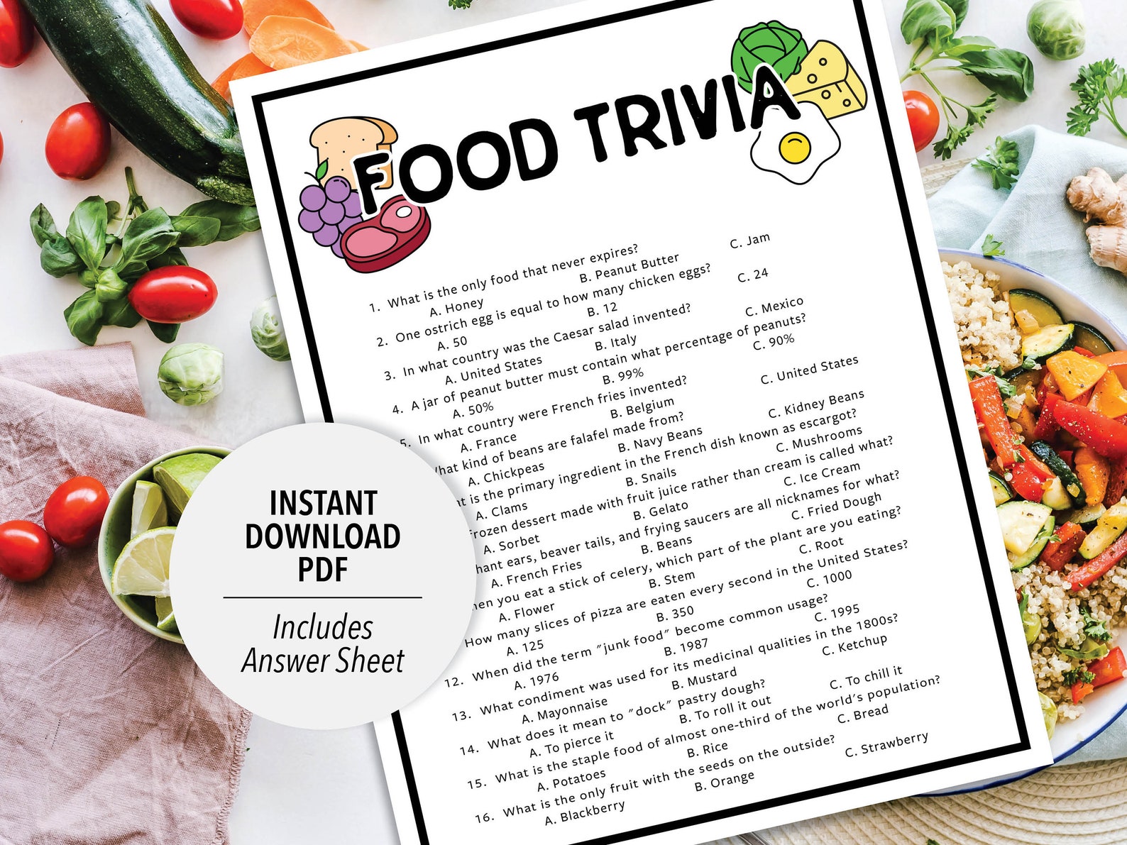 Food Trivia | Food Trivia Game | Printable Food Trivia | Printable ...