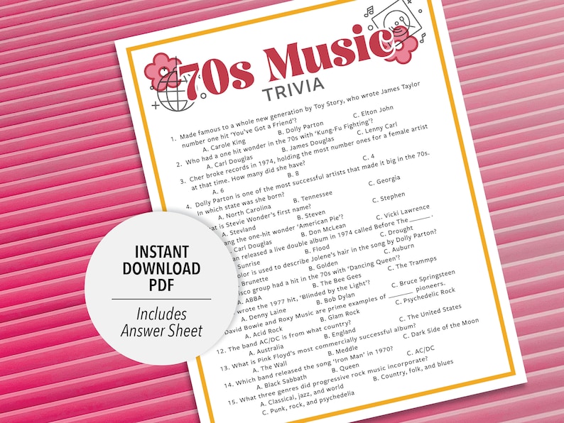 1970s Music Trivia Game | 70s Music Quiz (printable PDF Download) - Etsy