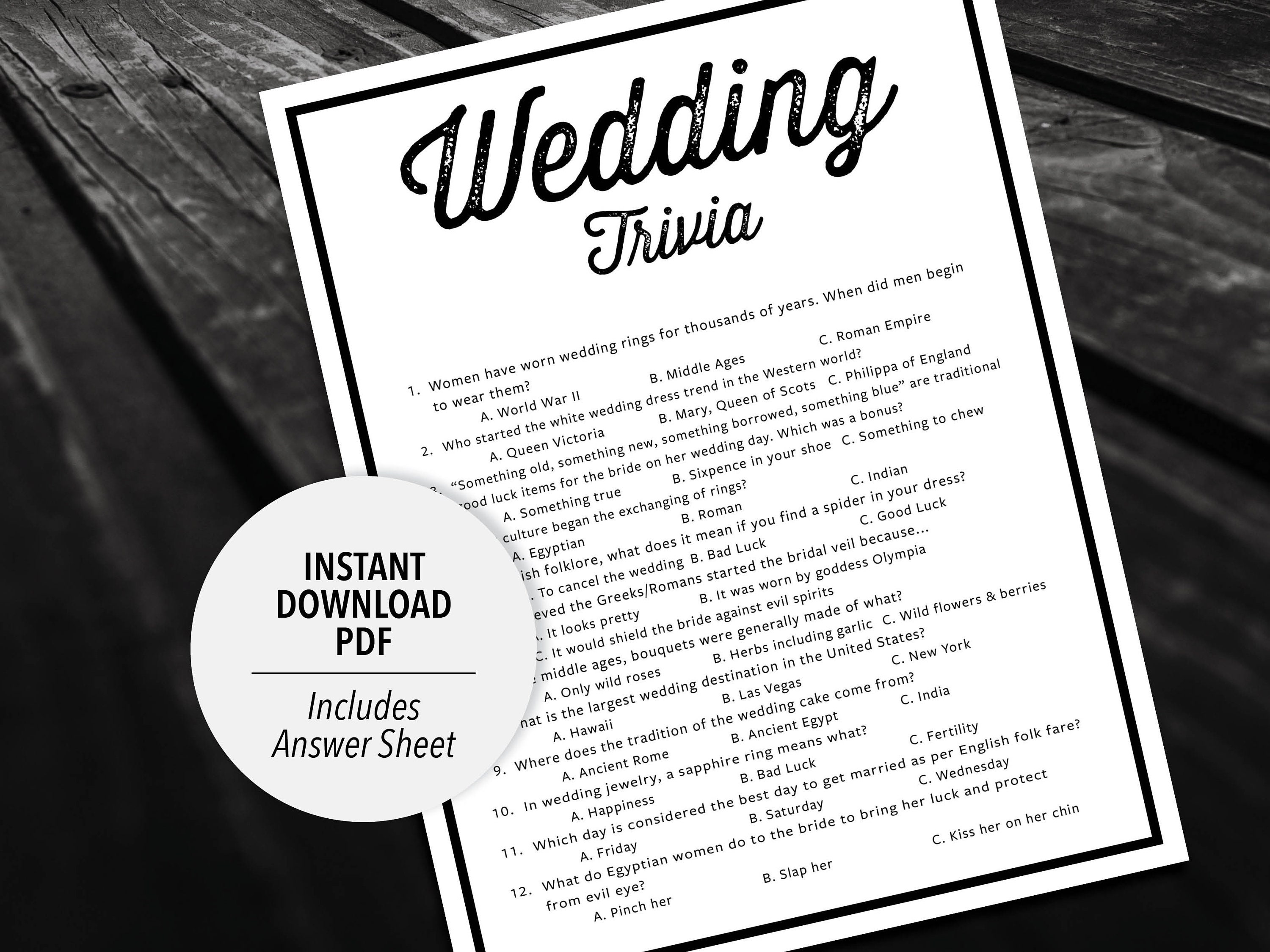 Wedding Trivia Quiz Game | Printable Wedding Trivia | Bridal Shower ...