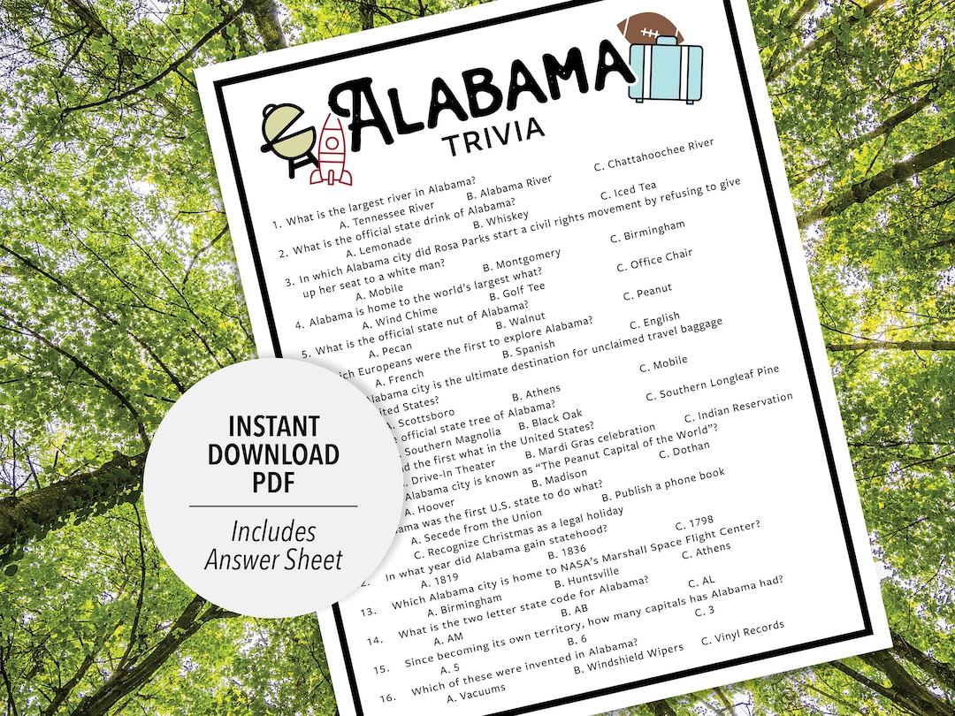 Alabama Trivia Game | USA State Quiz (printable PDF Download) - Etsy