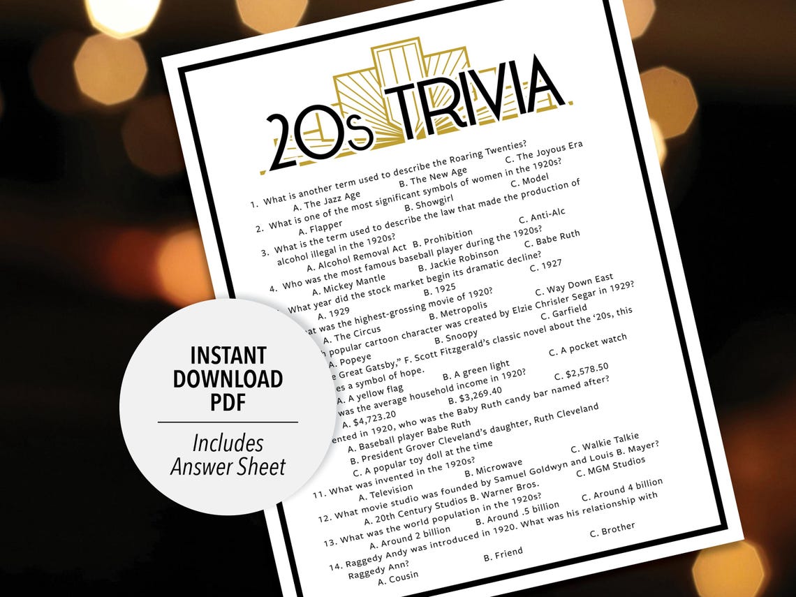 20s Trivia | 1920s Trivia Game | Printable 20s Trivia | 20's Party ...