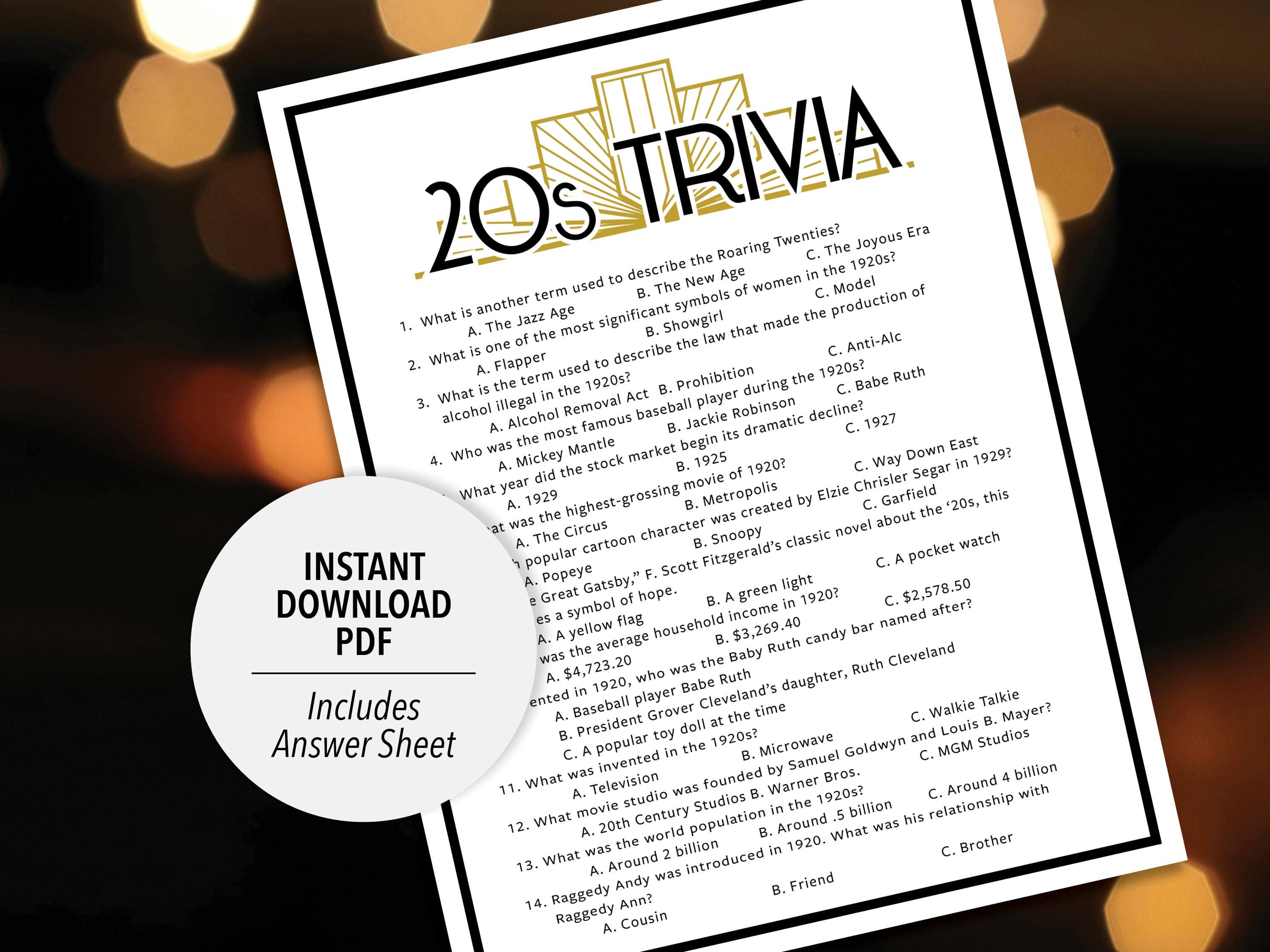 20s Trivia | 1920s Trivia Game | Printable 20s Trivia | 20's Party ...