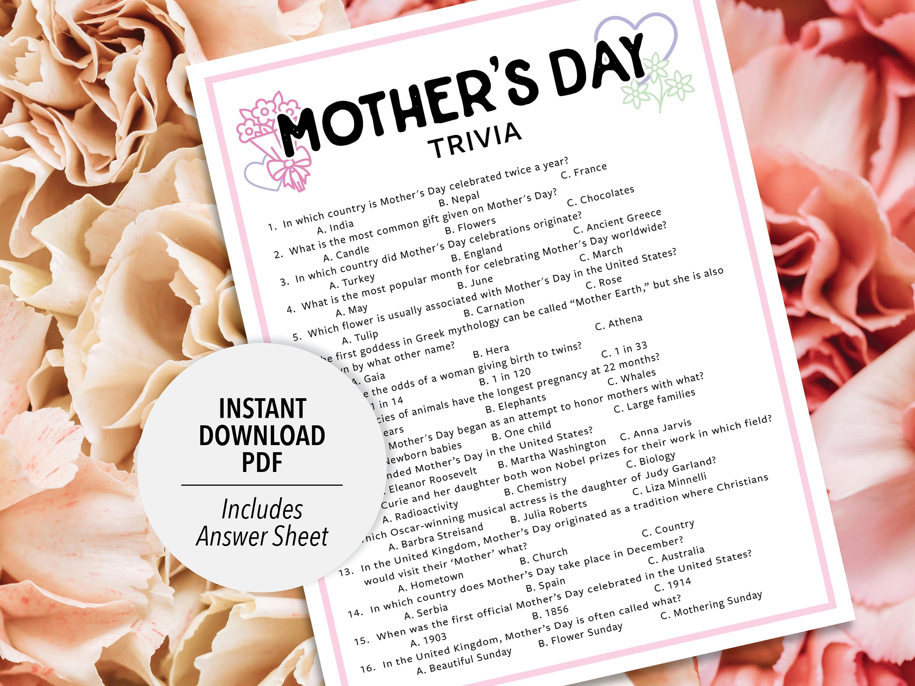 Mother's Day Trivia | Printable Trivia | Printable Mother's Day Trivia ...