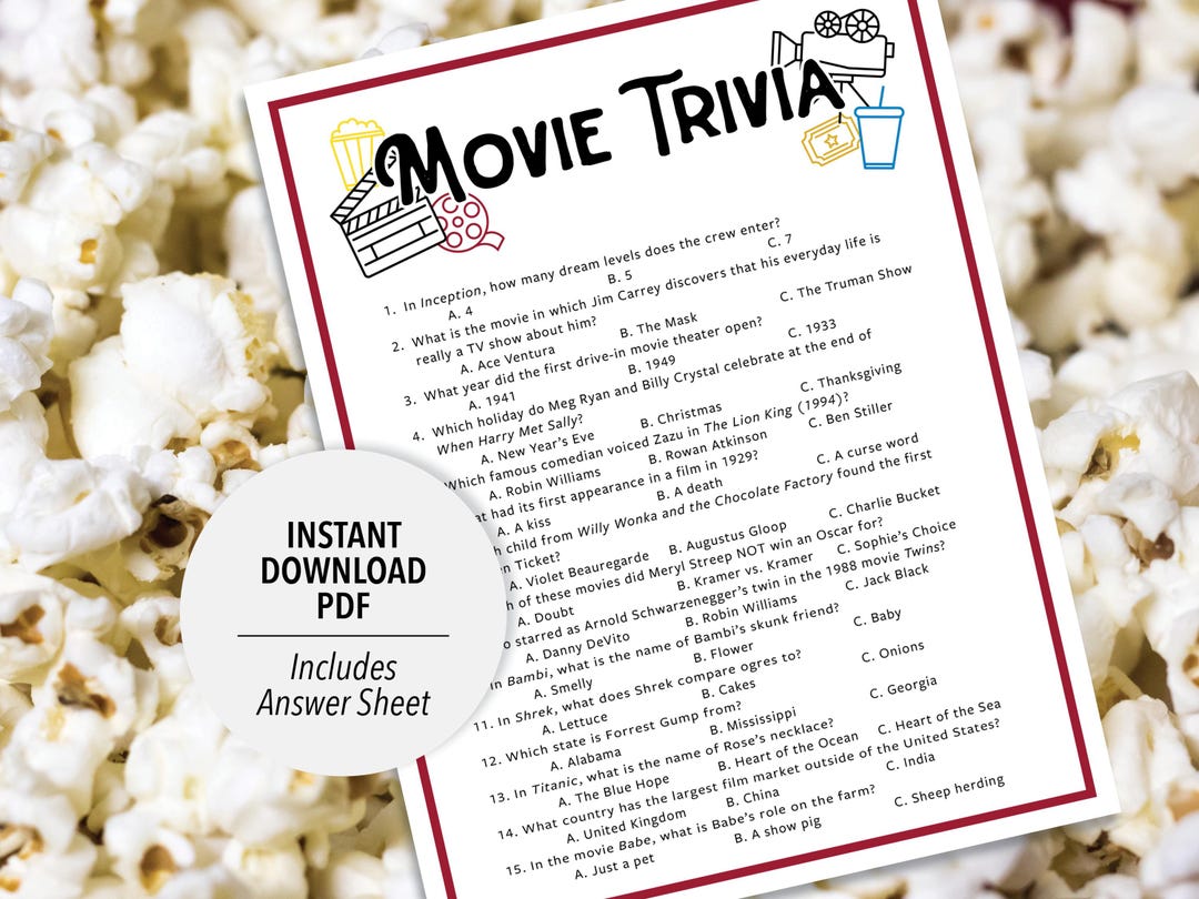 Movie Trivia Game | Movie Quiz (printable PDF Download) - Etsy